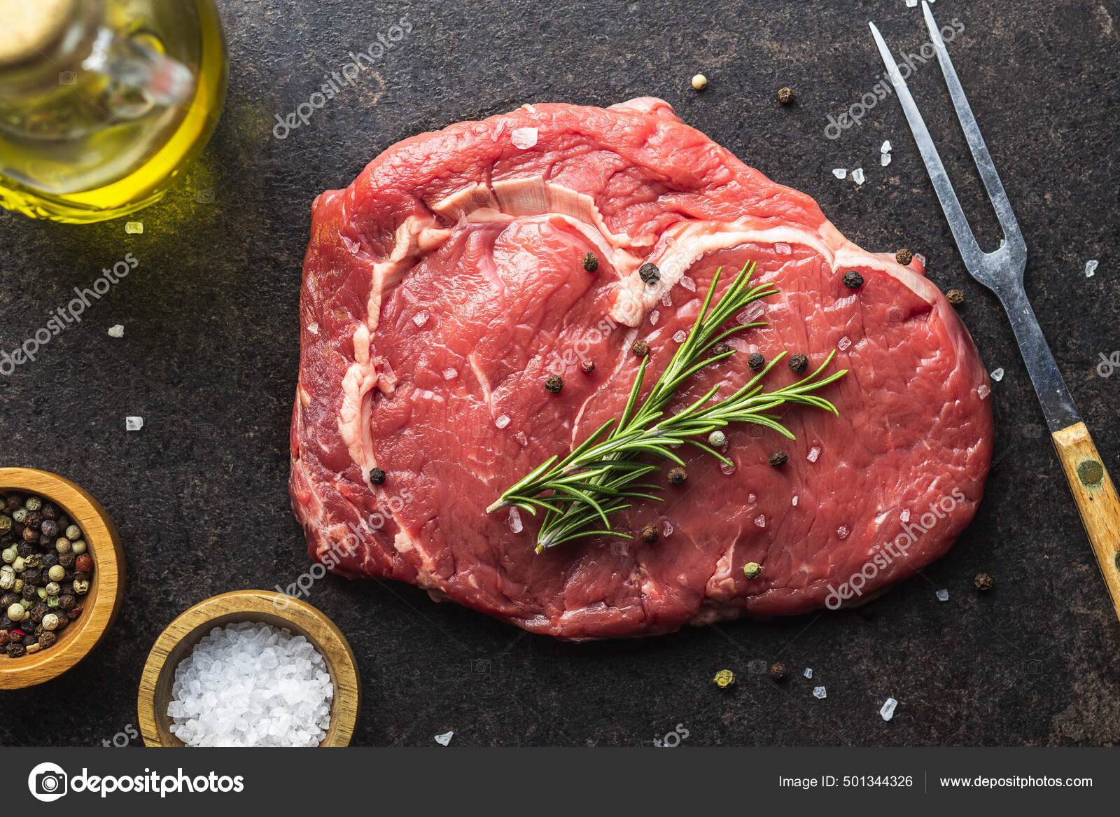 Sliced Raw Ribeye Steak Black Kitchen Table Top View Stock Photo by ...