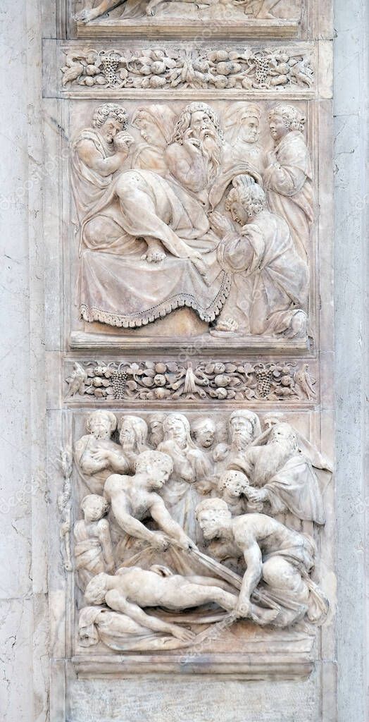 Isaac bendice a Jacob por Ercole Seccadenari y entierro de la esposa de ...