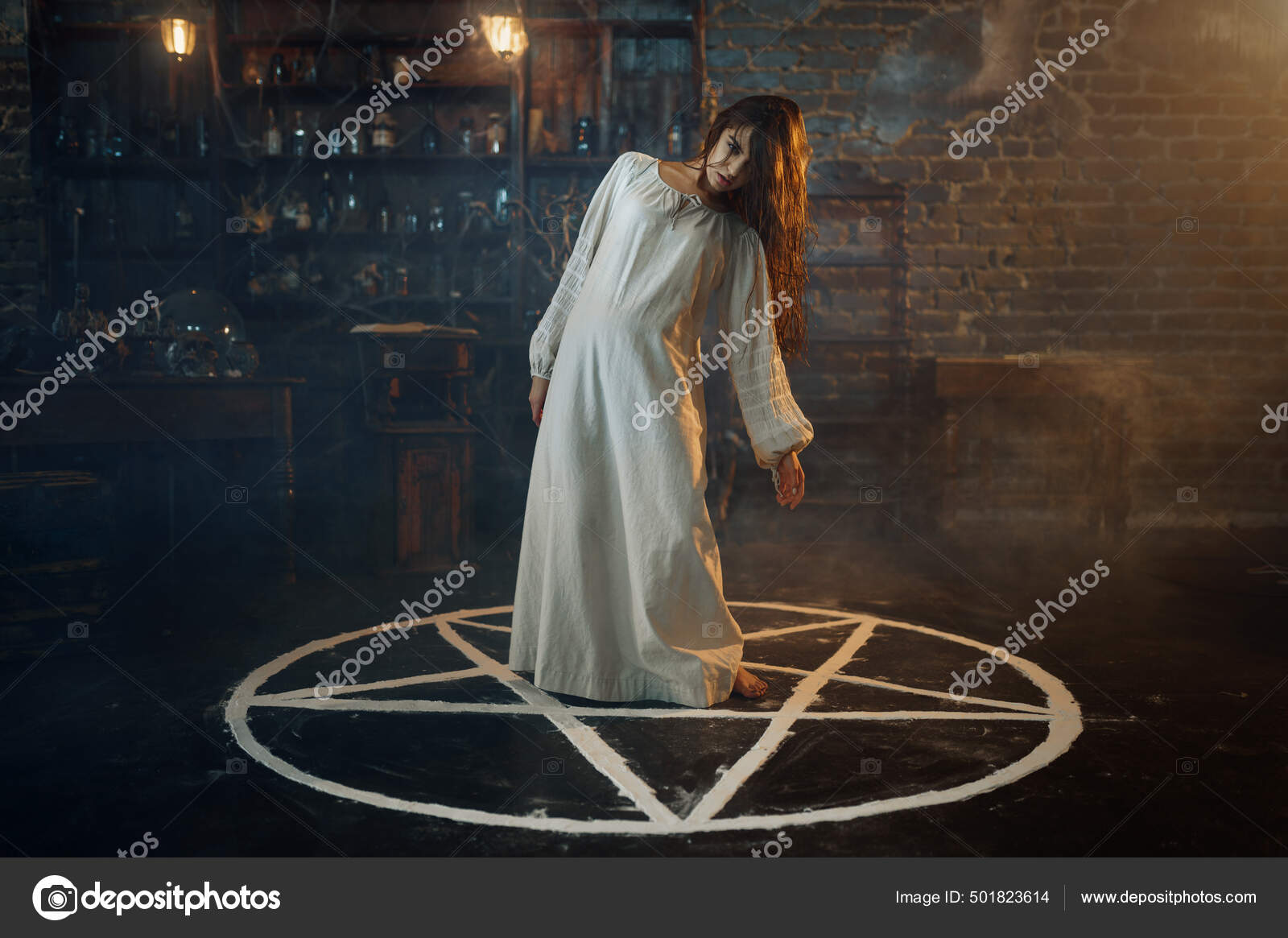 Creepy Demonic Woman Standing Magic Circle Demons Casting Out Exorcism ...