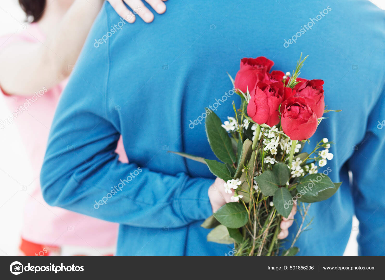 Rear View Young Man Hiding Bunch Roses His Back Stock Photo by ...