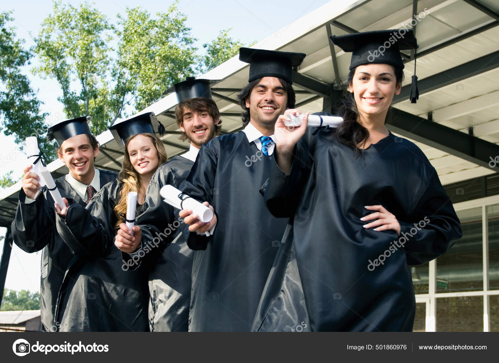 Group Students Graduation Gowns Bachelor Caps — Stock Photo ...