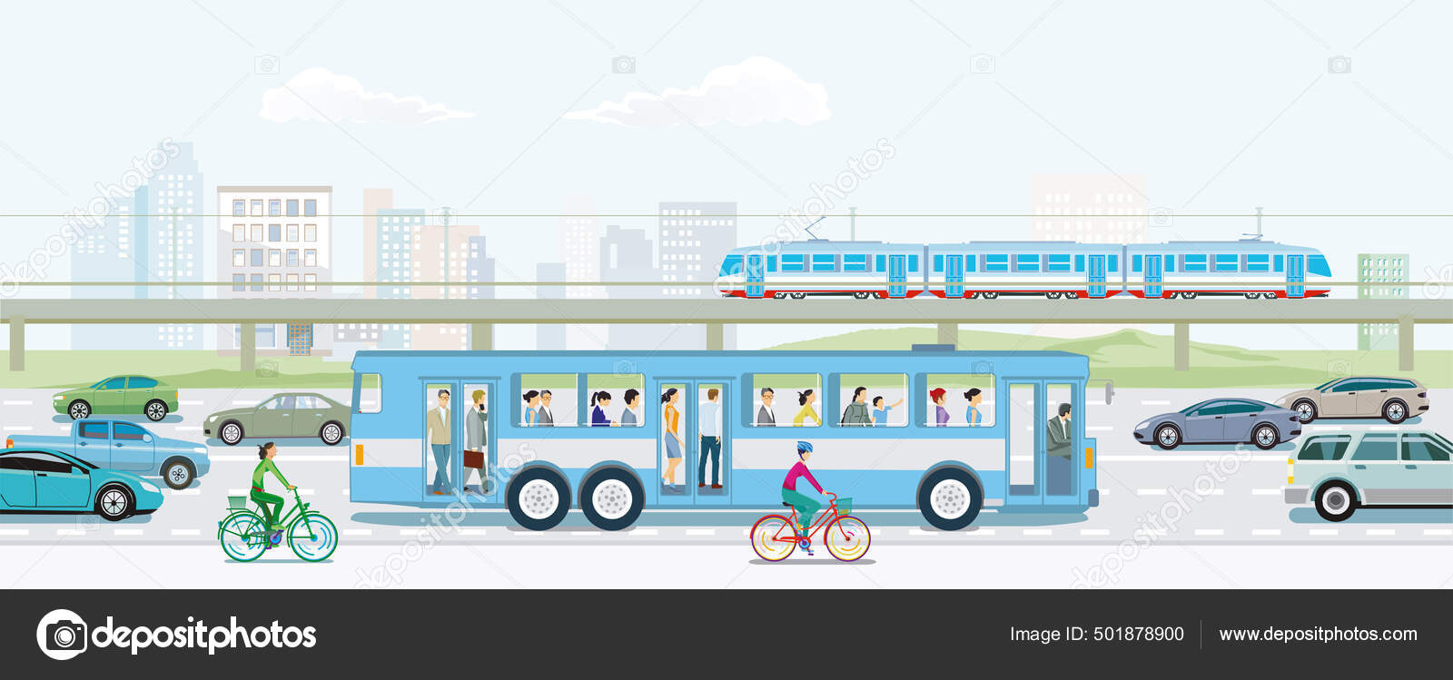 Road Traffic Elevated Train Bus Cyclist Cityscape Illustration — Stock ...