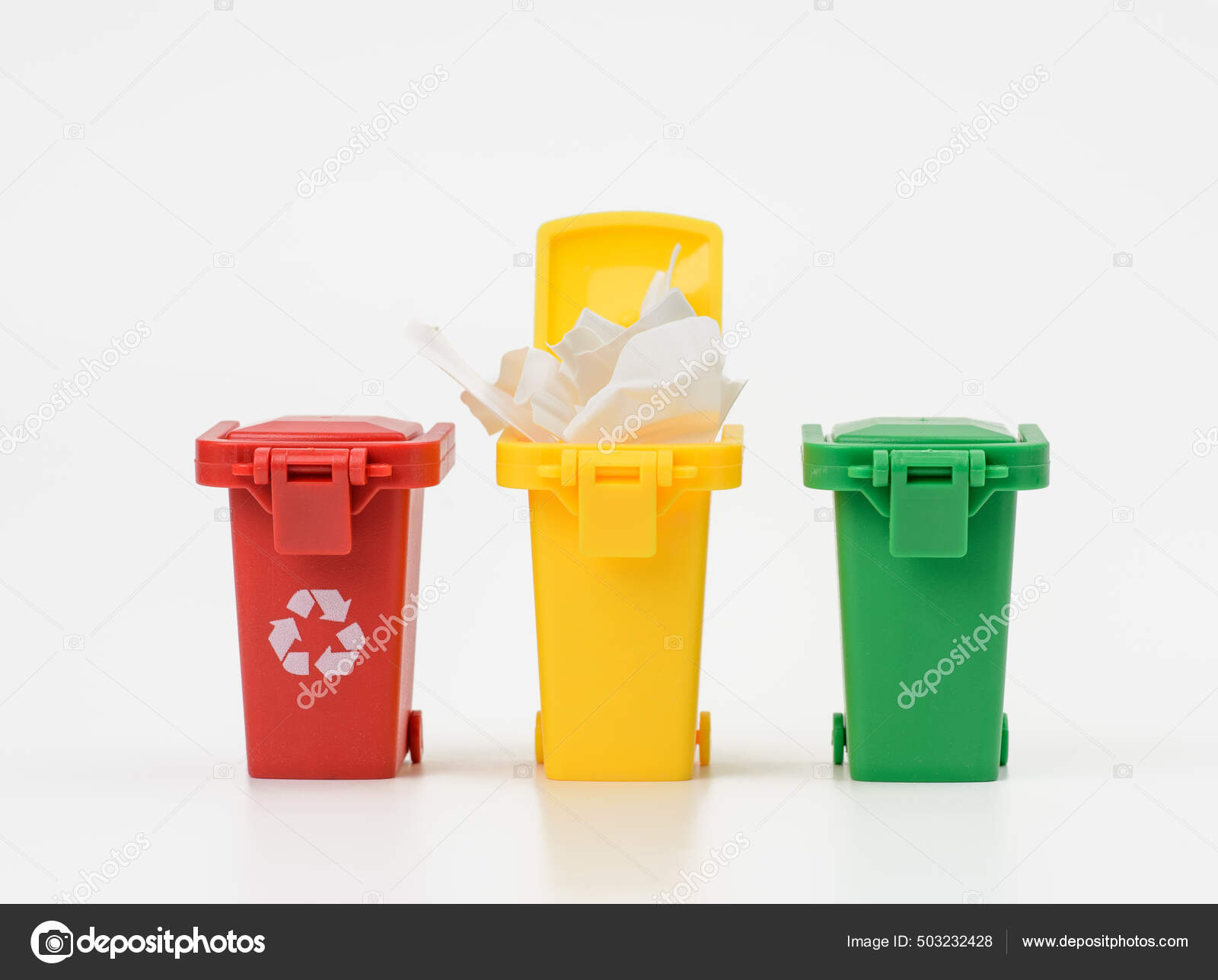 Three Multi Colored Plastic Containers White Background Concept Correct ...