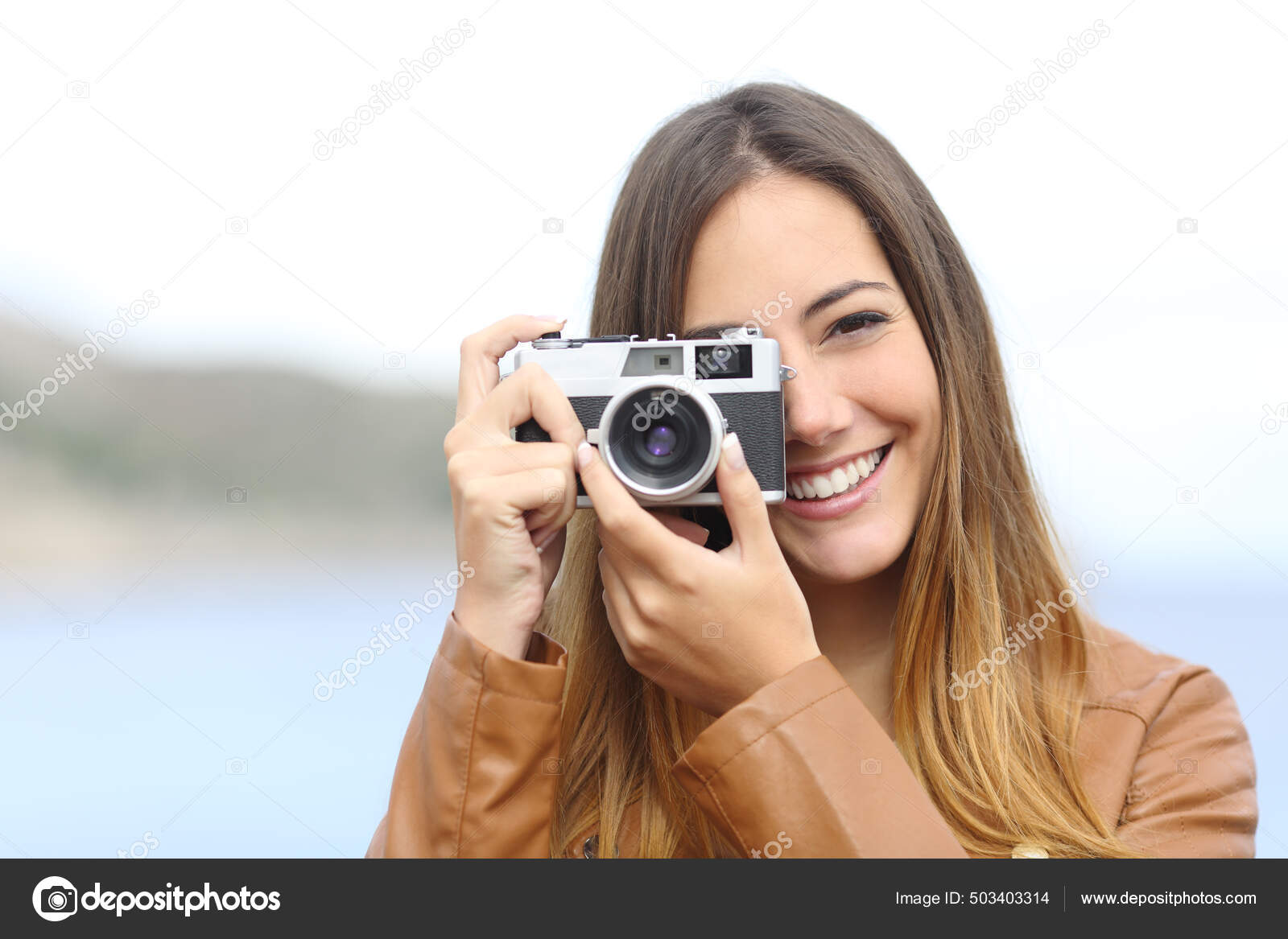 Front View Portrait Happy Photographer Taking Photo You Vintage Camera ...