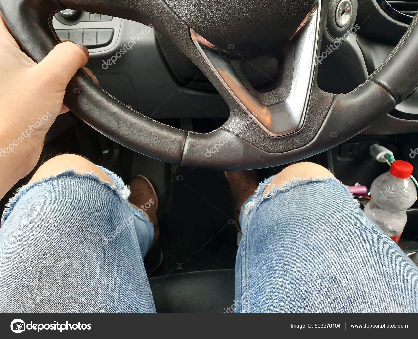 Closeup Top View Woman Hands Holding Steering Wheel Driving Car — Stock ...