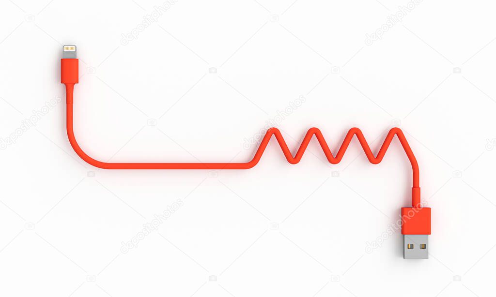 cable USB de color coral sobre un fondo blanco. Alambre con patrón ...