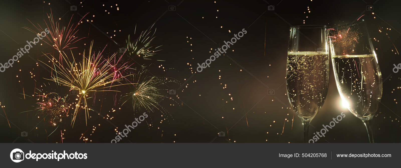 Two Champagne Glasses Front Colorful Fireworks Night Sky Background New ...