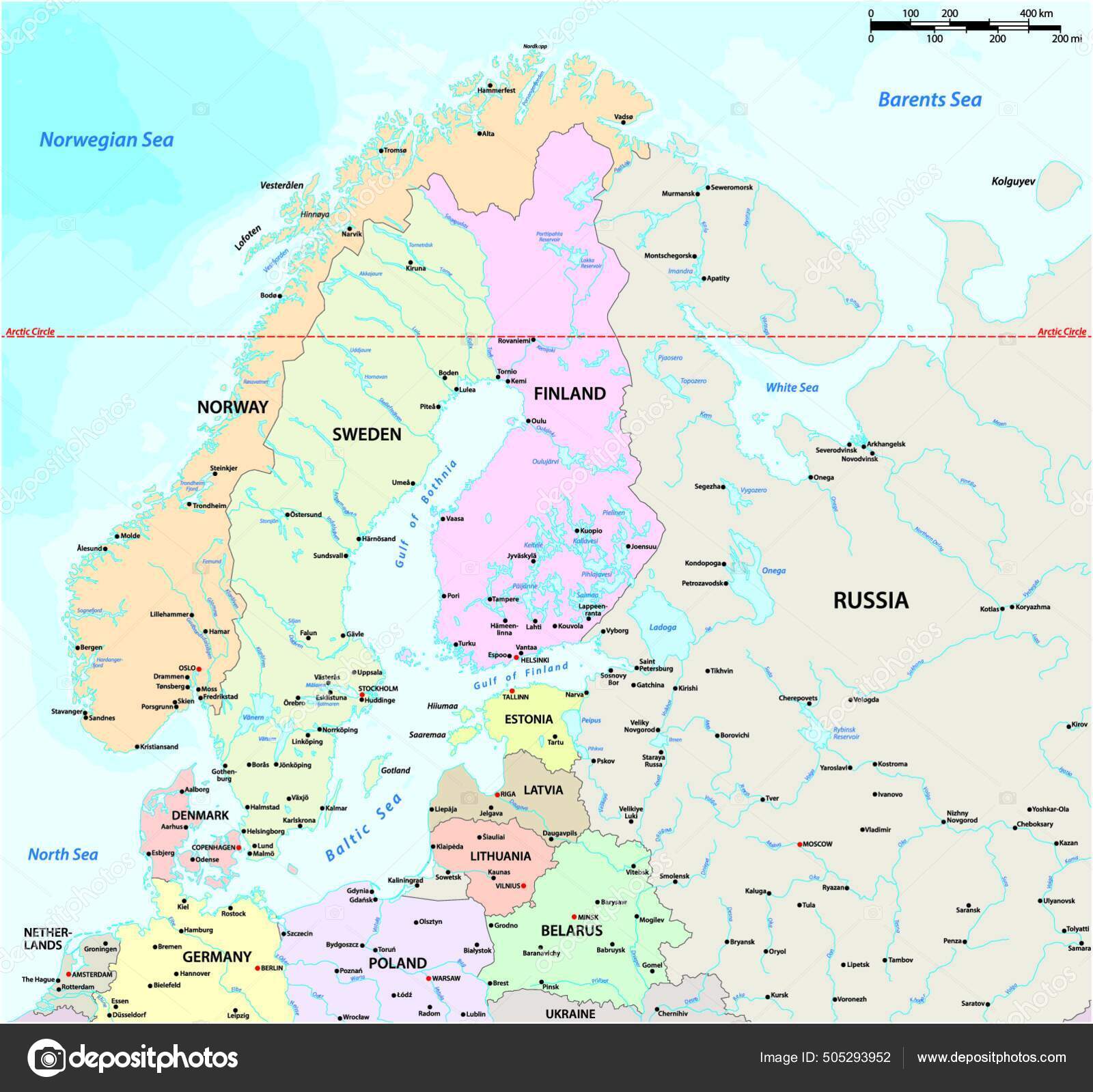 Mapa Vectorial Del Norte Europa Con Las Principales Ciudades Cuerpos ...