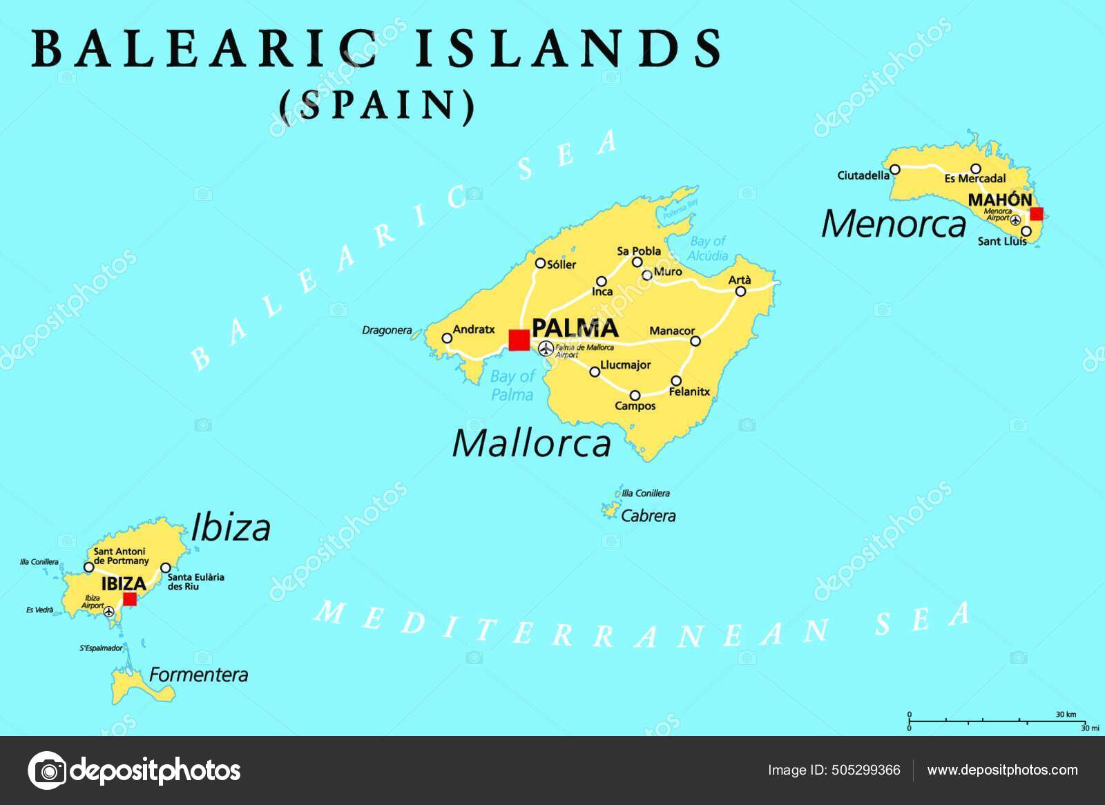 Ilhas Baleares Mapa Político Com Ilhas Principais Maiorca Ibiza Menorca ...