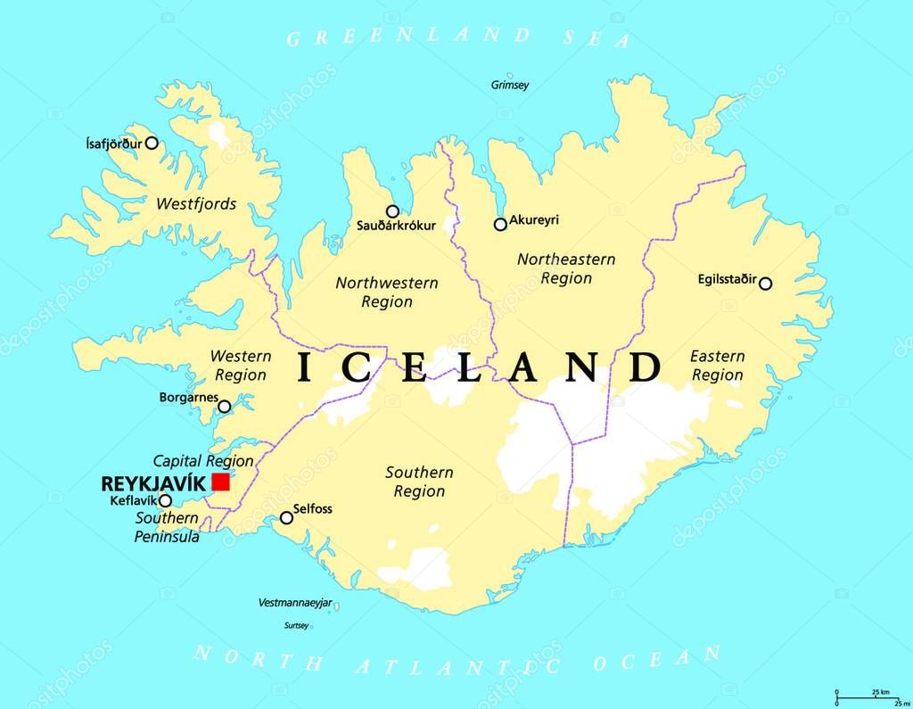 Regiones de Islandia, mapa político, con capital Reikiavik. Ocho ...
