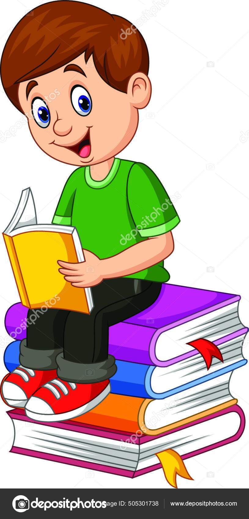 Dibujos Animados Pequeño Niño Leyendo Libro Vector de stock #505301738 ...