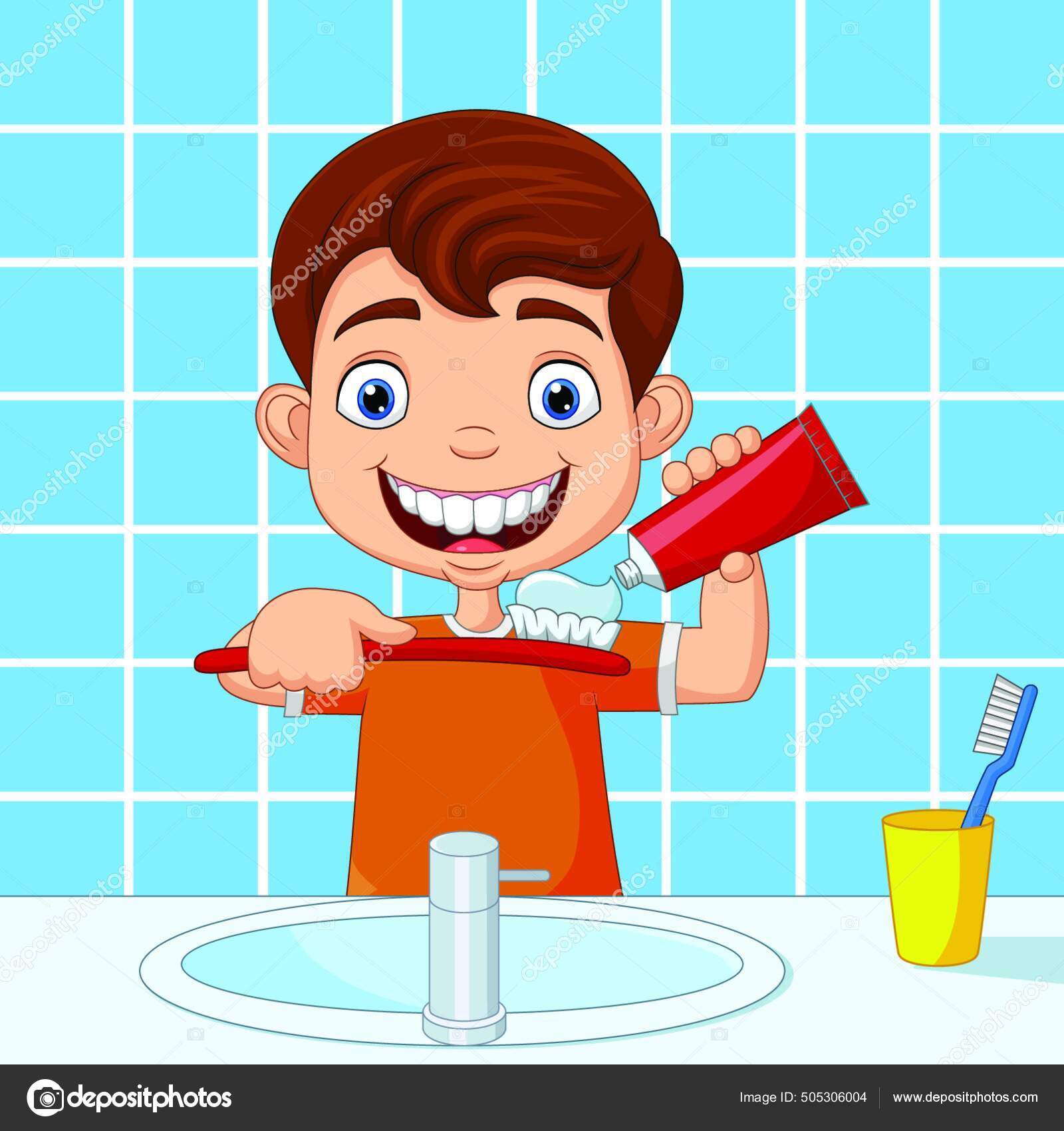 Lindo Niño Cepillarse Los Dientes Baño Vector de stock #505306004 de ...