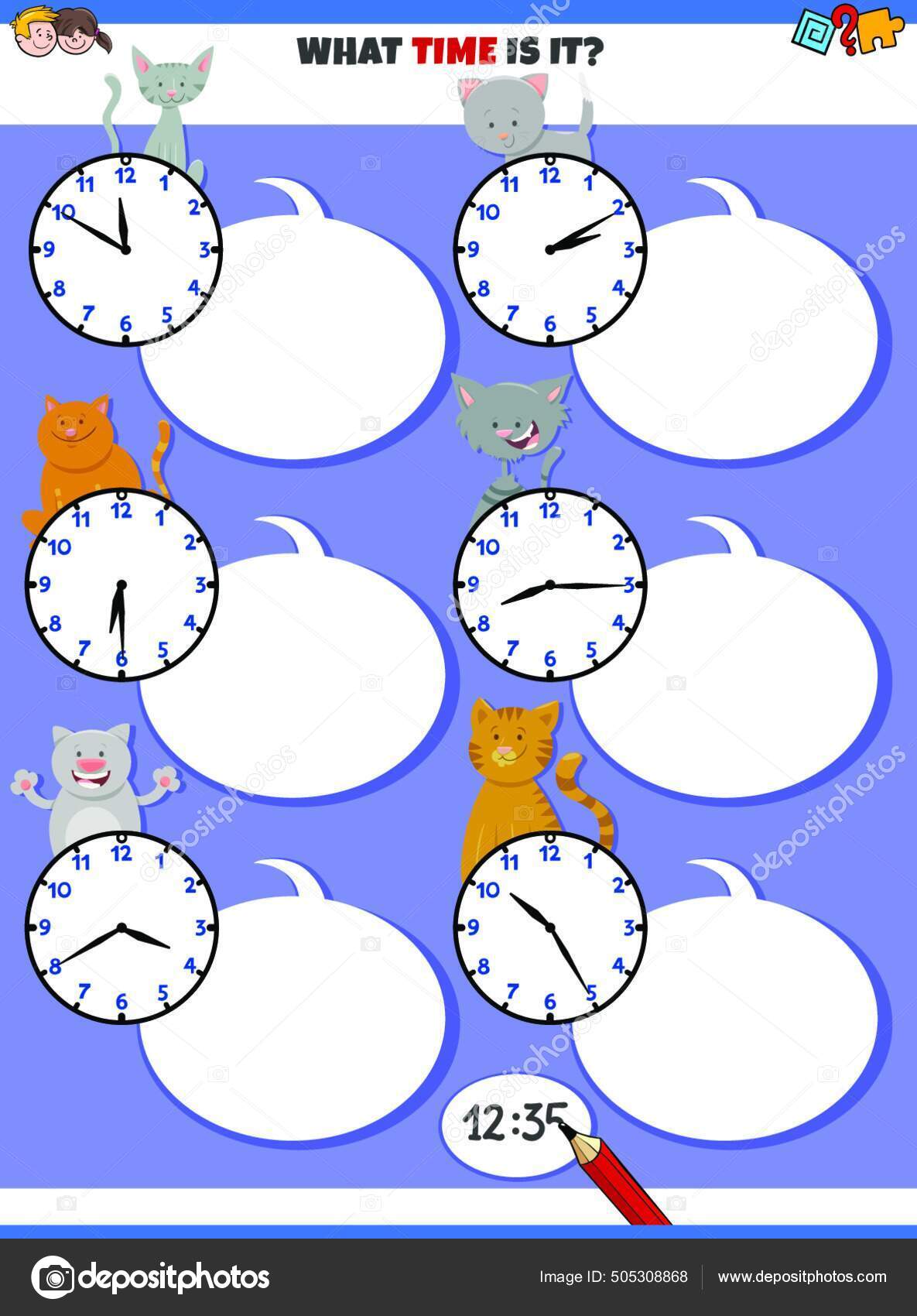 Cartoon Illustrations Telling Time Educational Activity Clock Face ...