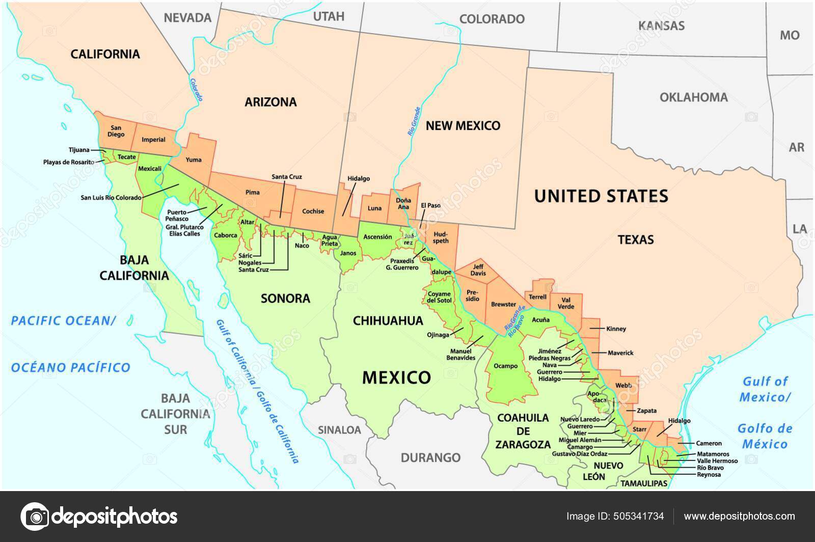 Mapa Vectorial Los Distritos Fronterizos Los Estados Unidos México ...