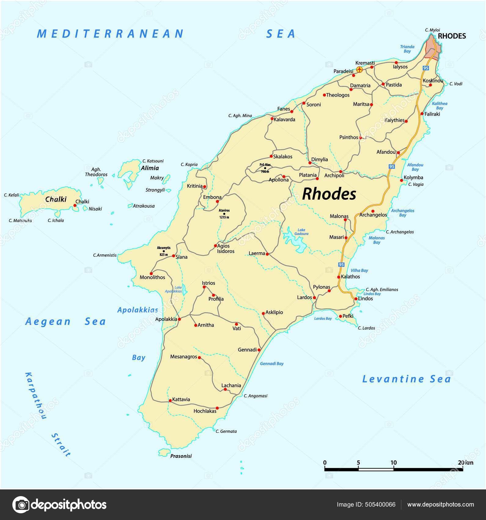 Vector Road Map Greek Mediterranean Island Rhodes Stock Vector Image by ...