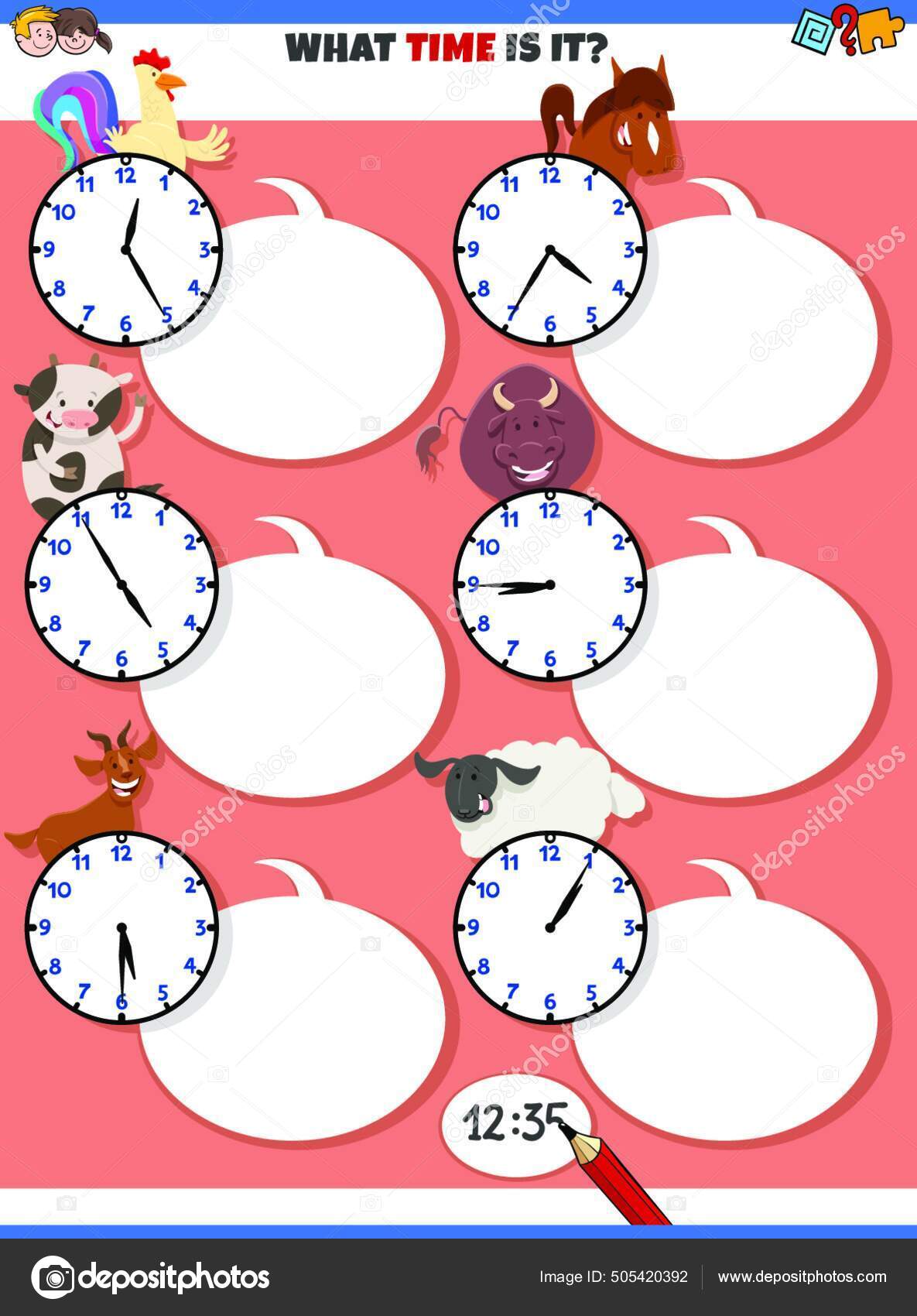Cartoon Illustrations Telling Time Educational Task Clock Faces Farm ...