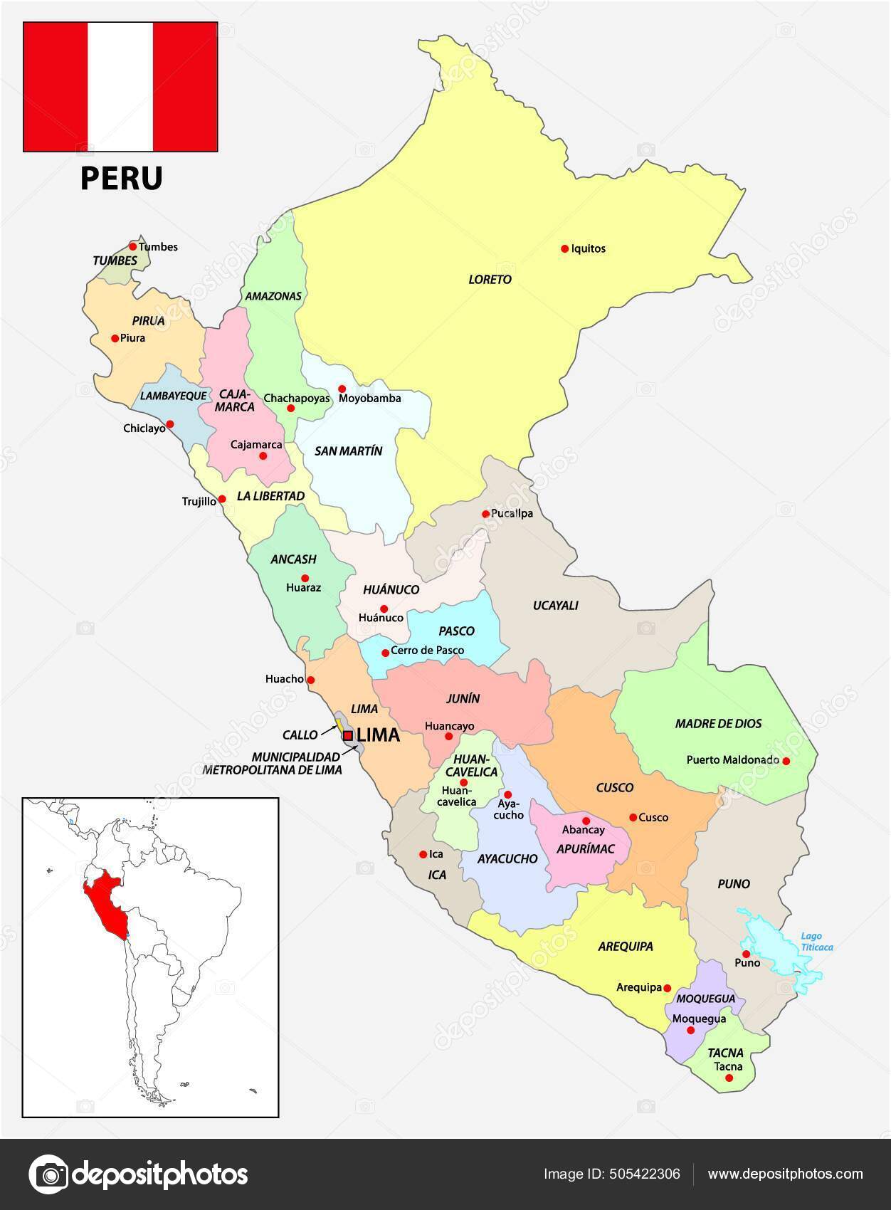 Administrative Divisions Vector Map Peru Flag Stock Vector by ...