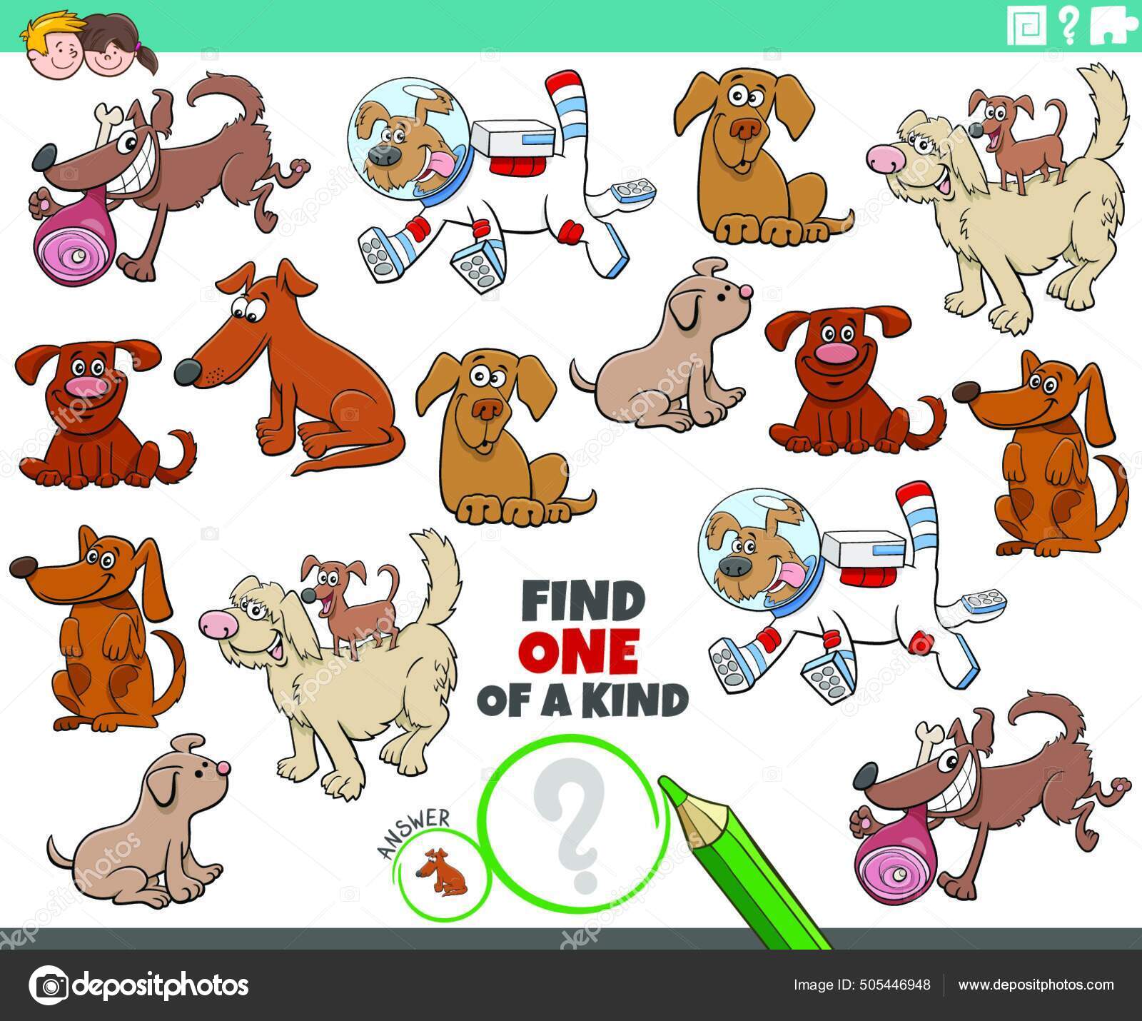 Cartoon Illustration Find One Kind Picture Educational Game Comic Dogs ...