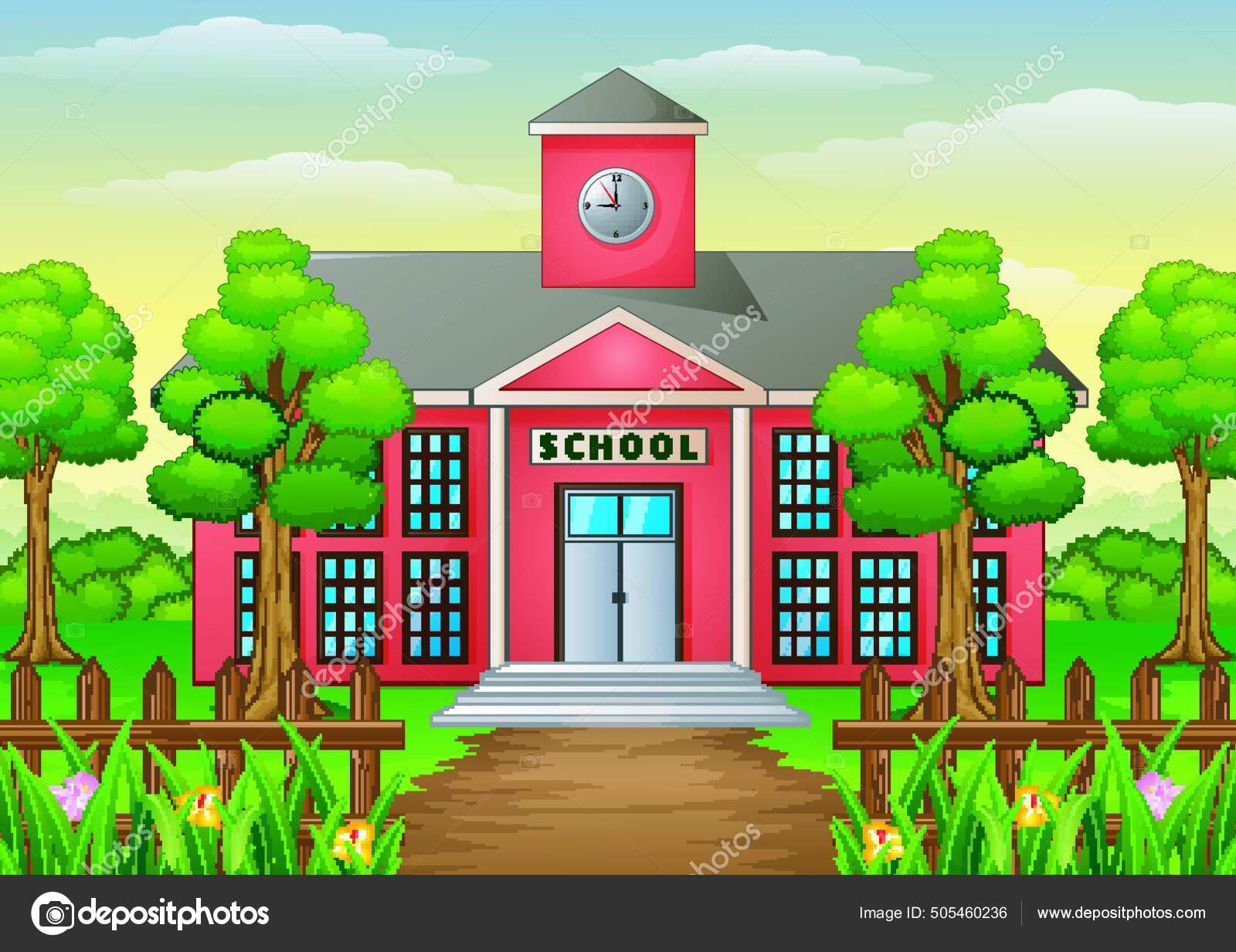 Edificio De La Escuela De Dibujos Animados Con Patio Verde