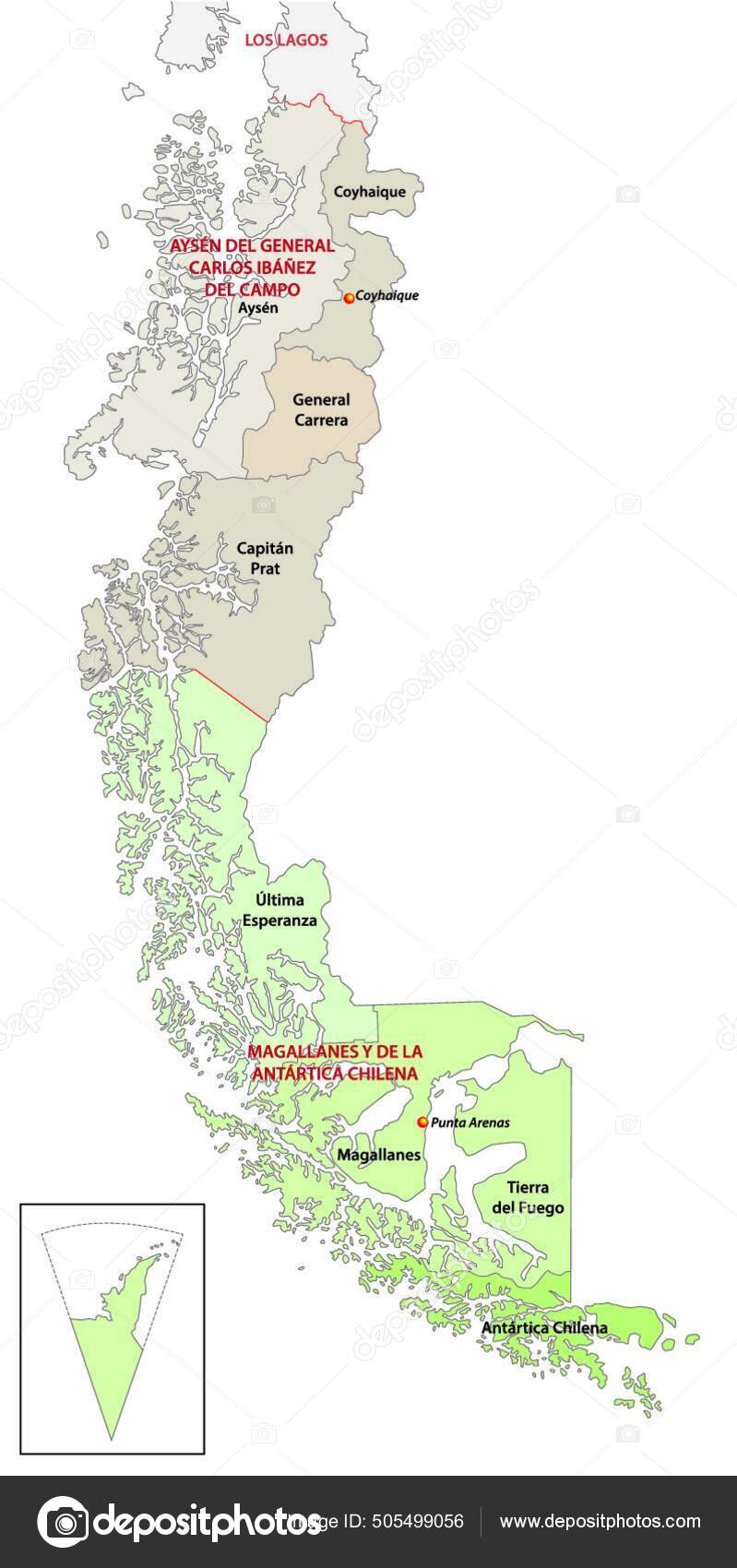 Mapa Administrativo Político Las Regiones Del Sur Chile Vector de stock ...