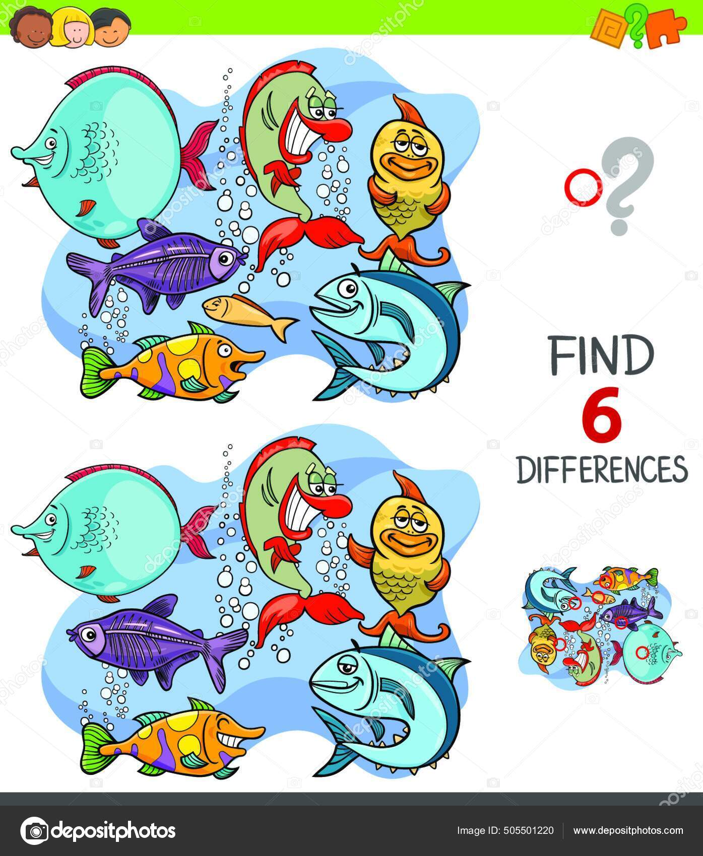 Cartoon Illustration Finding Six Differences Pictures Educational Game ...