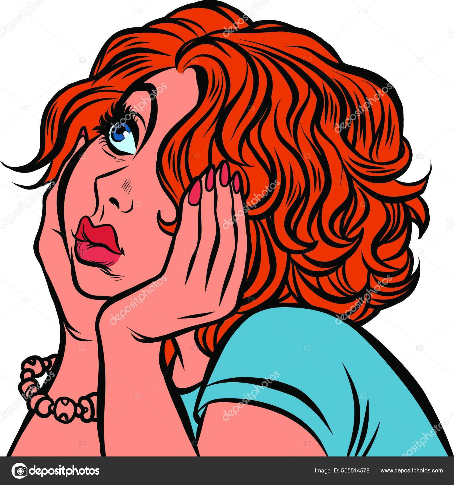 Red Haired Young Woman Sad Pop Art Retro Vector Illustration Stock ...