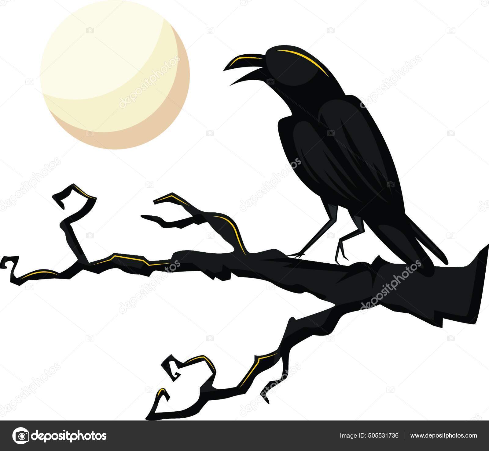 Black Crow Howling Full Moon While Standing Tree Vector Illustration ...
