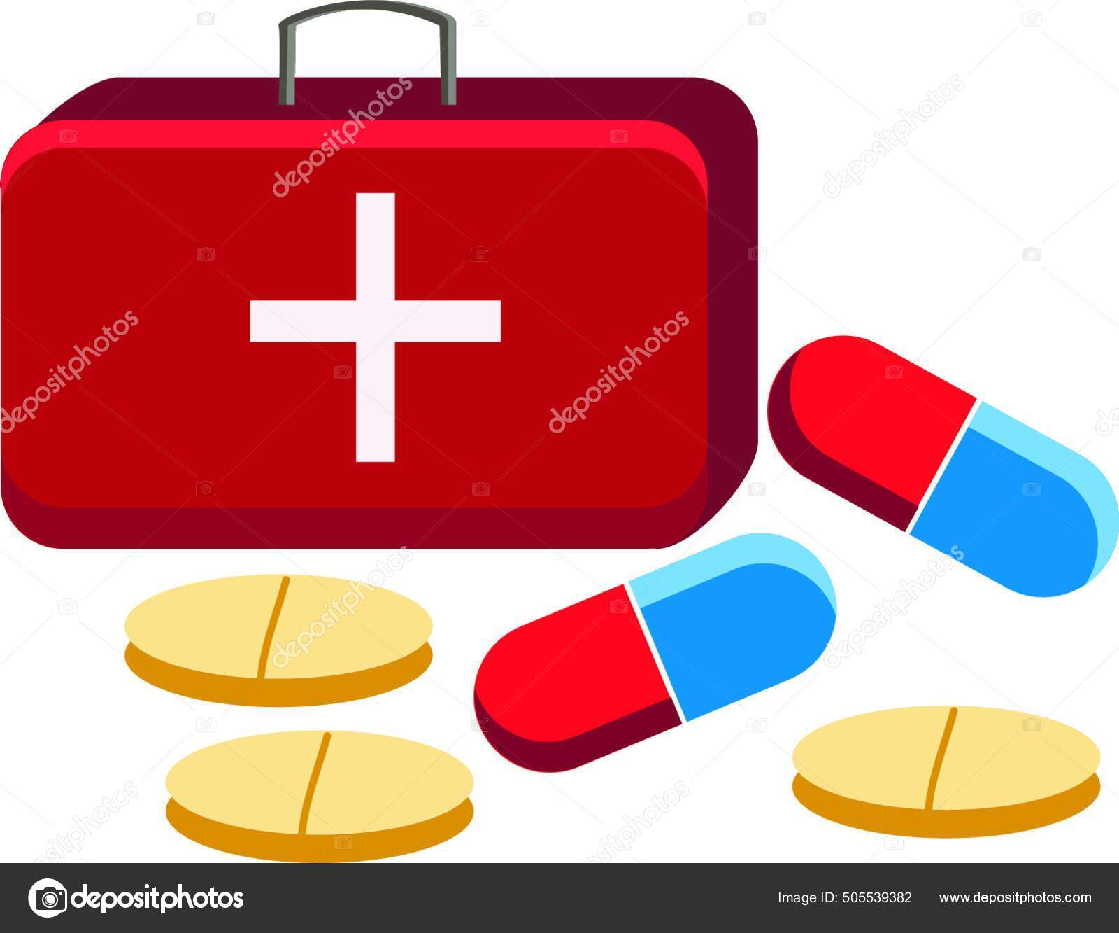 First Aid Box Different Tablets Capsules Background Vector Color ...