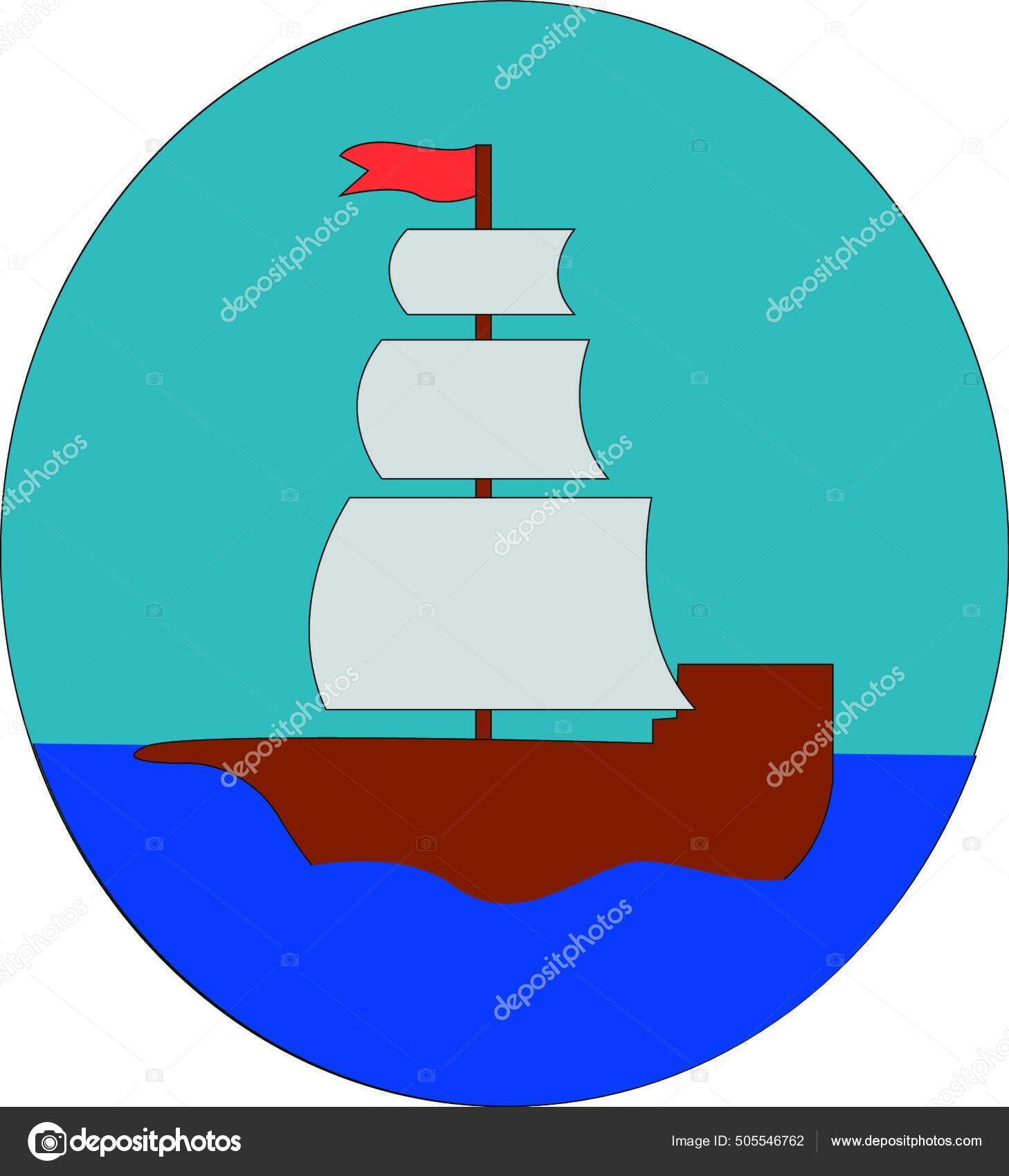 Simple Cartoon Sailing Ship Blue Water Vector Illustration Blue Circle ...