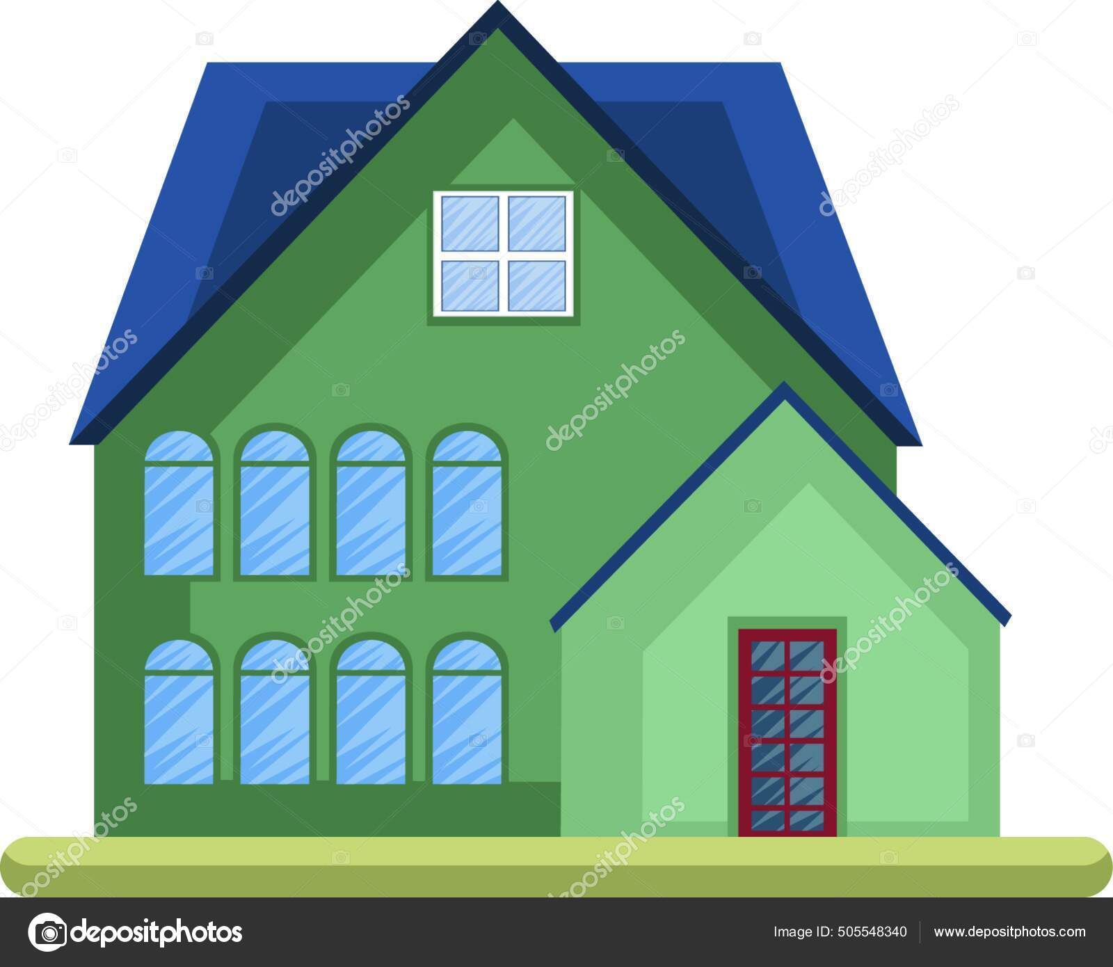 Cartoon Green Building Blue Roof Vector Illustartion White Background ...