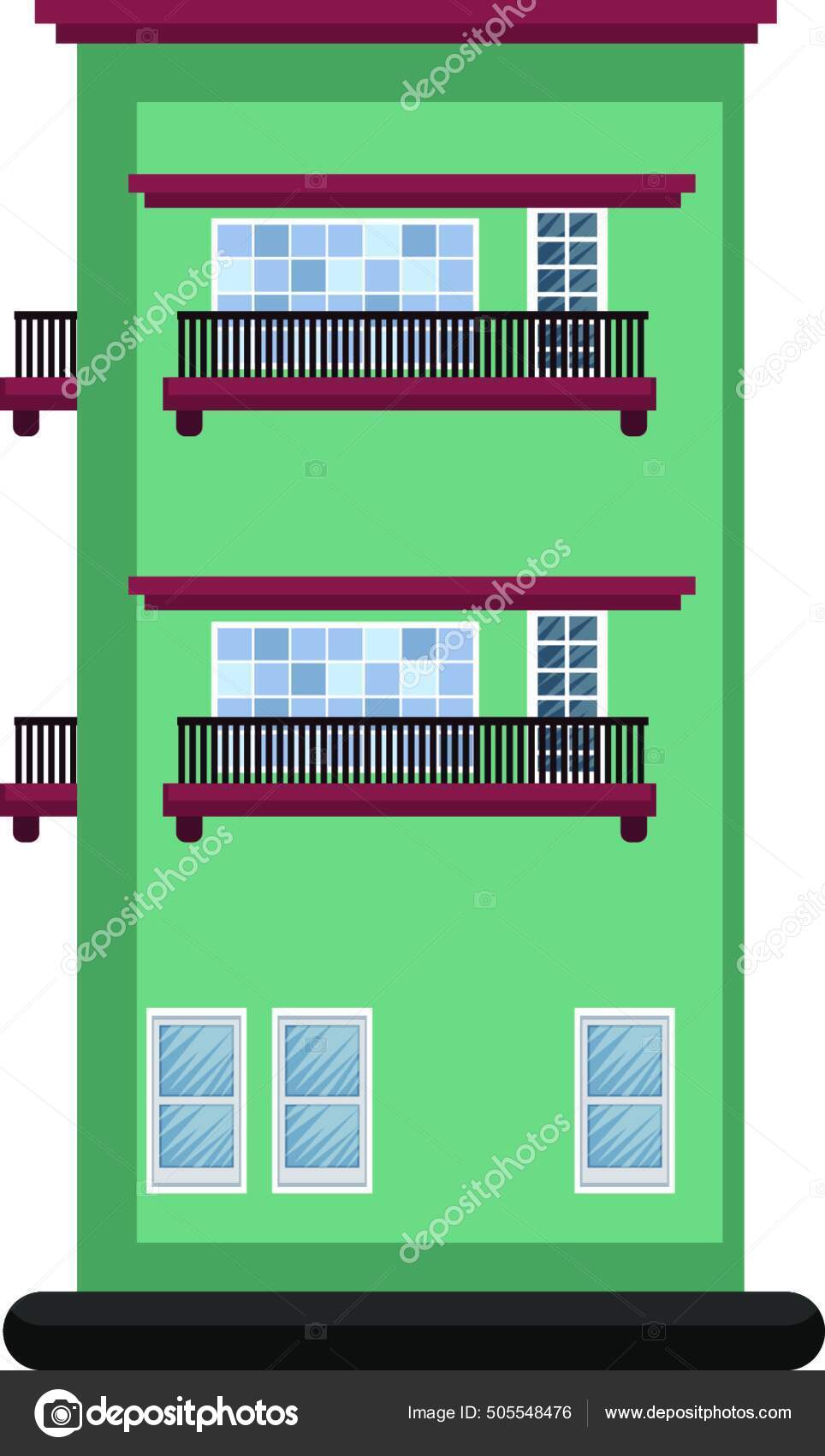 Cartoon Green Building Red Roof Two Floors Vector Illustartion White ...