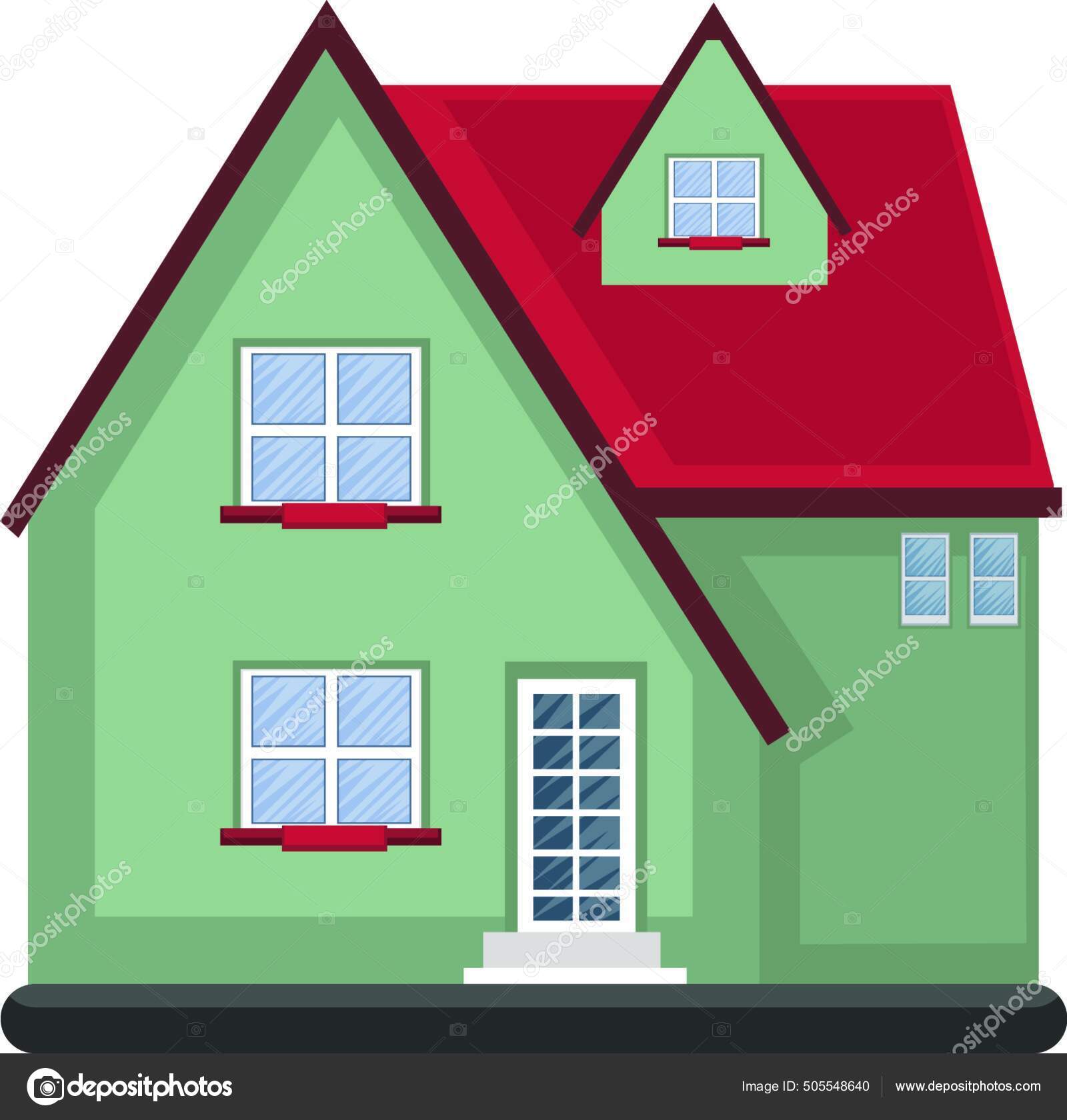 Cartoon Green Building Red Roof Vector Illustartion White Background ...