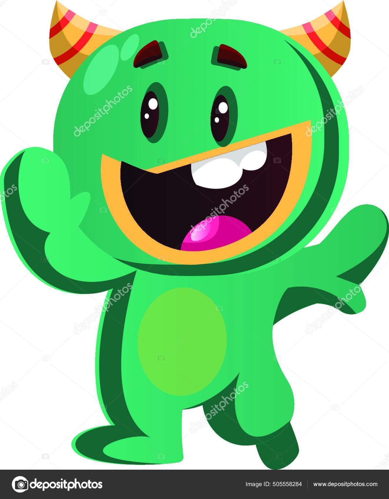 Happy Green Monster Waving Vector Illustration Stock Vector by ...