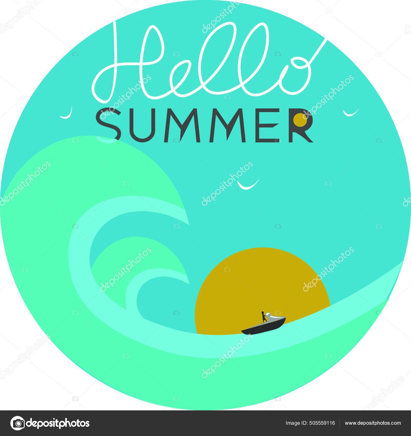 Portrait Depicted Wording Hello Summer Fisherman Net Boat Sailing Sea ...