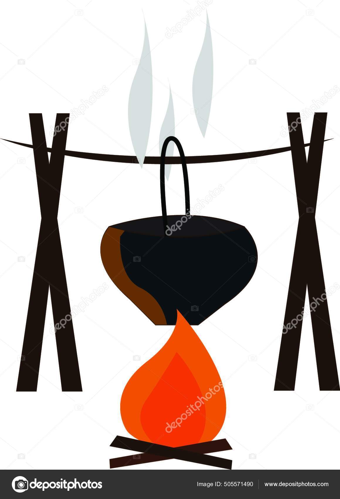Black Pot Hanging Wood Fire Vector Color Drawing Illustration Stock ...