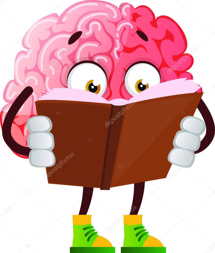 Cerebro está leyendo un libro, ilustración, vector sobre fondo blanco. 2023