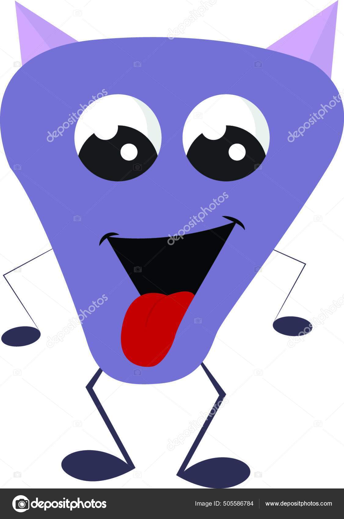 Monstro Roxo Feliz Com Chifres Língua Saliente Vetor Desenho Cores ...