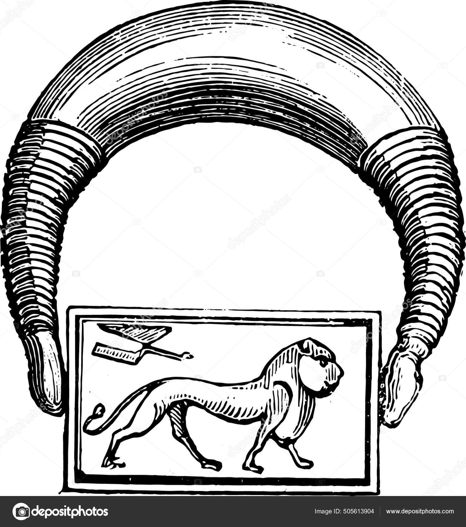 古埃及金圆筒印章描绘的狮子为首的神 从第十八王朝的 Thebans 1500 公元前 发现在卢浮宫博物馆 从美术书 复古雕刻 1880 图库 ...