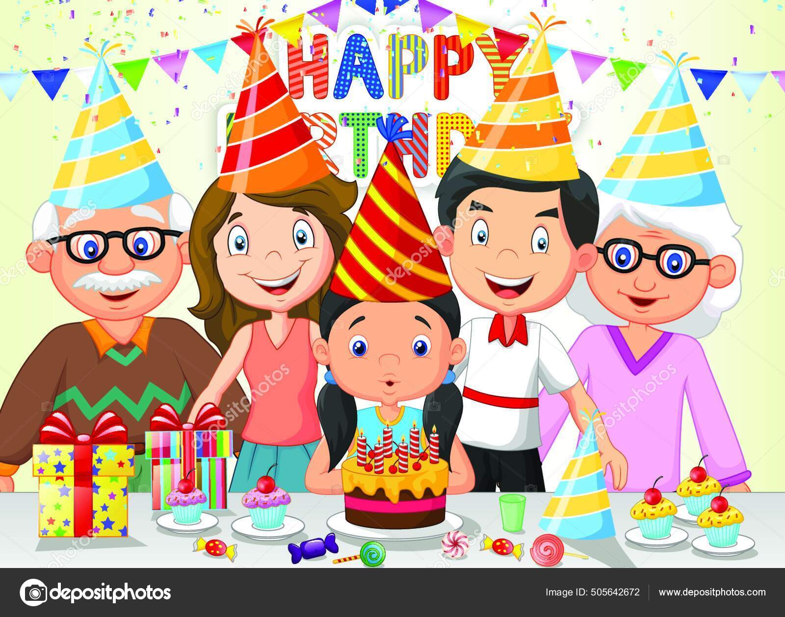Chica Feliz Soplando Velas Cumpleaños Con Familia Vector de stock #505642672 de ©PantherMediaSeller