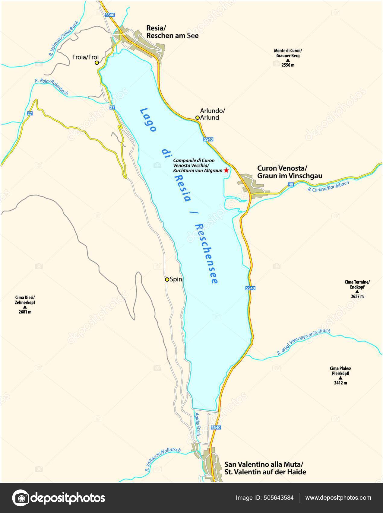 Hoja Ruta Del Reschensee Tirolés Del Sur Italia Vector de stock por ...