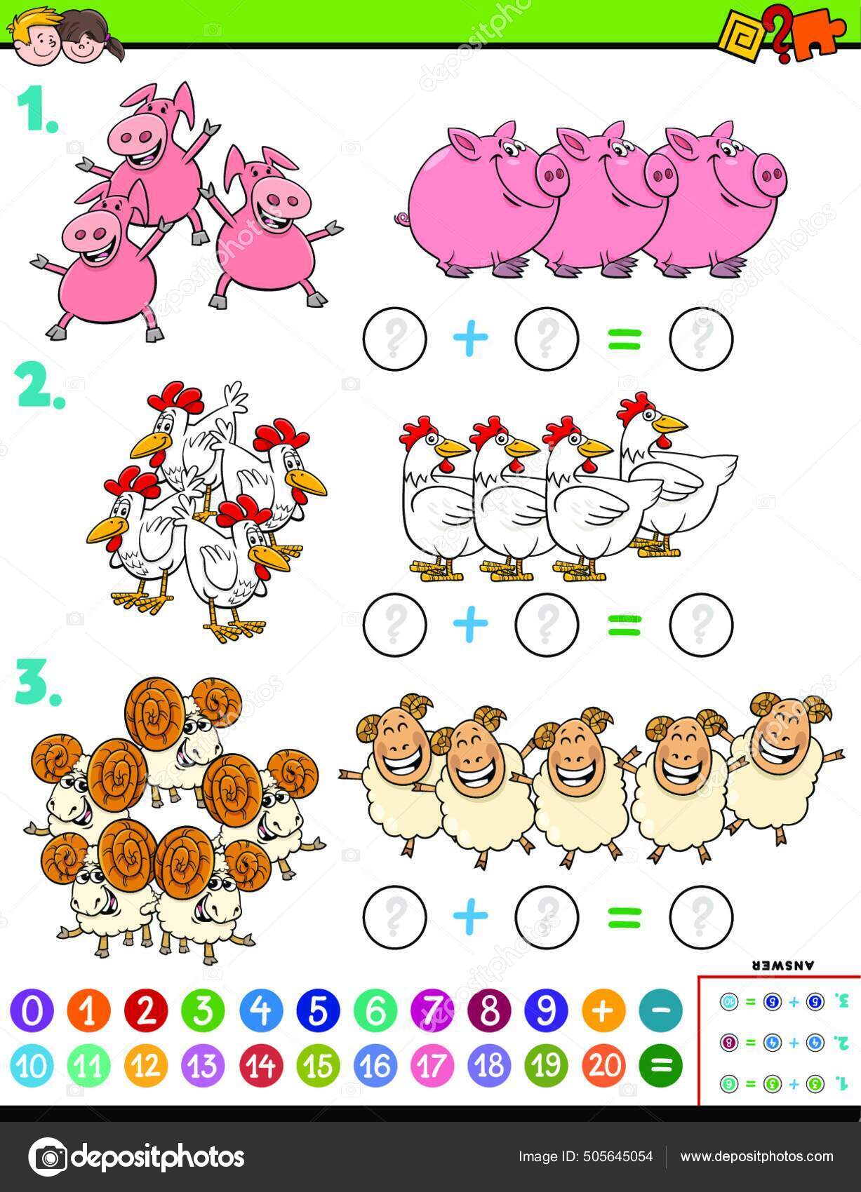 Cartoon Illustration Educational Mathematical Addition Puzzle Task Kids ...