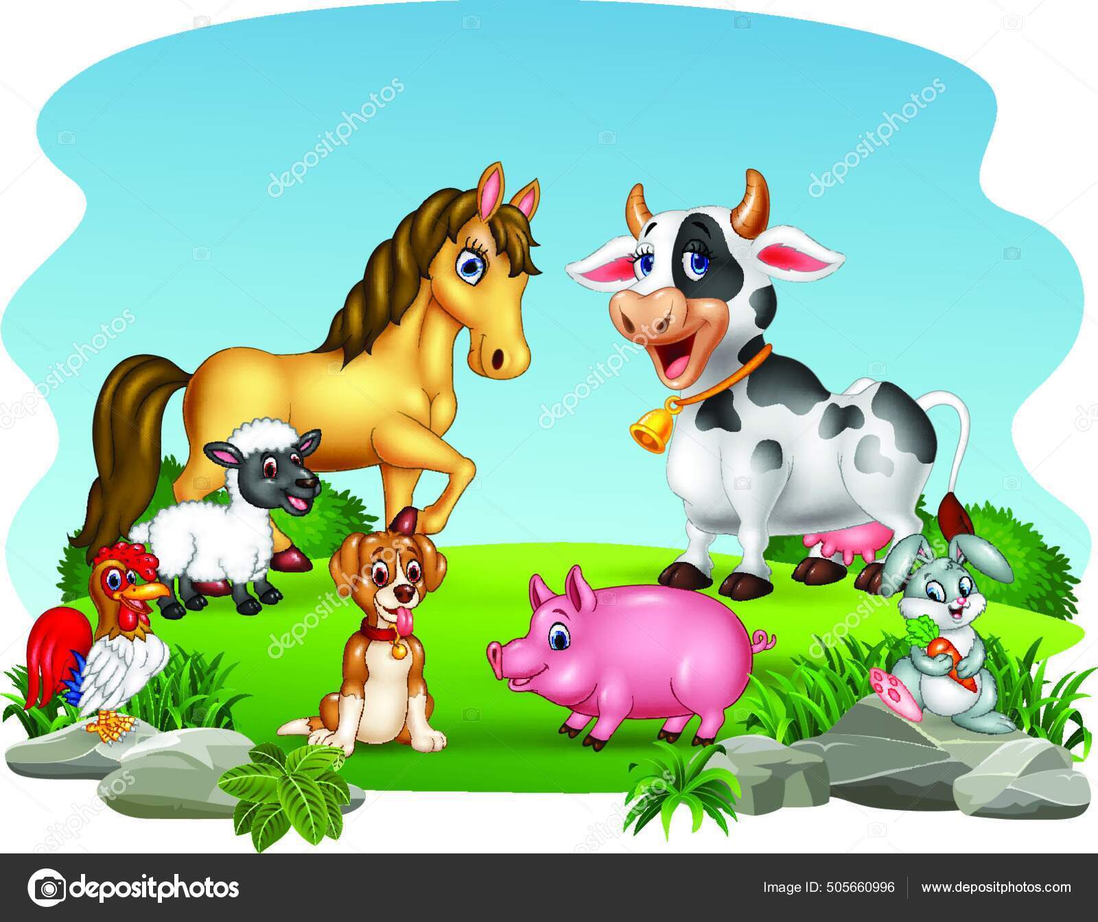 Cartoon Farm Animals Nature Background Stock Vector by ...
