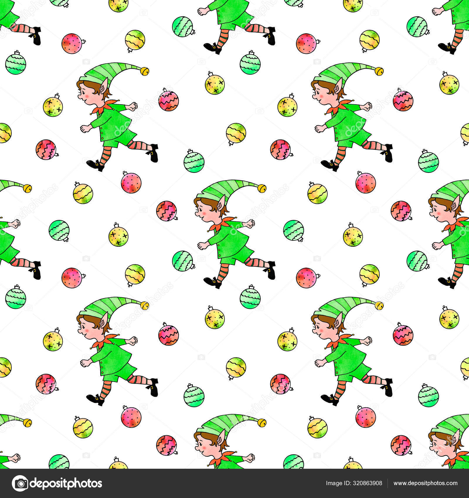 Seamless pattern with Christmas elfes boys, tree balls. New year Xmas ...