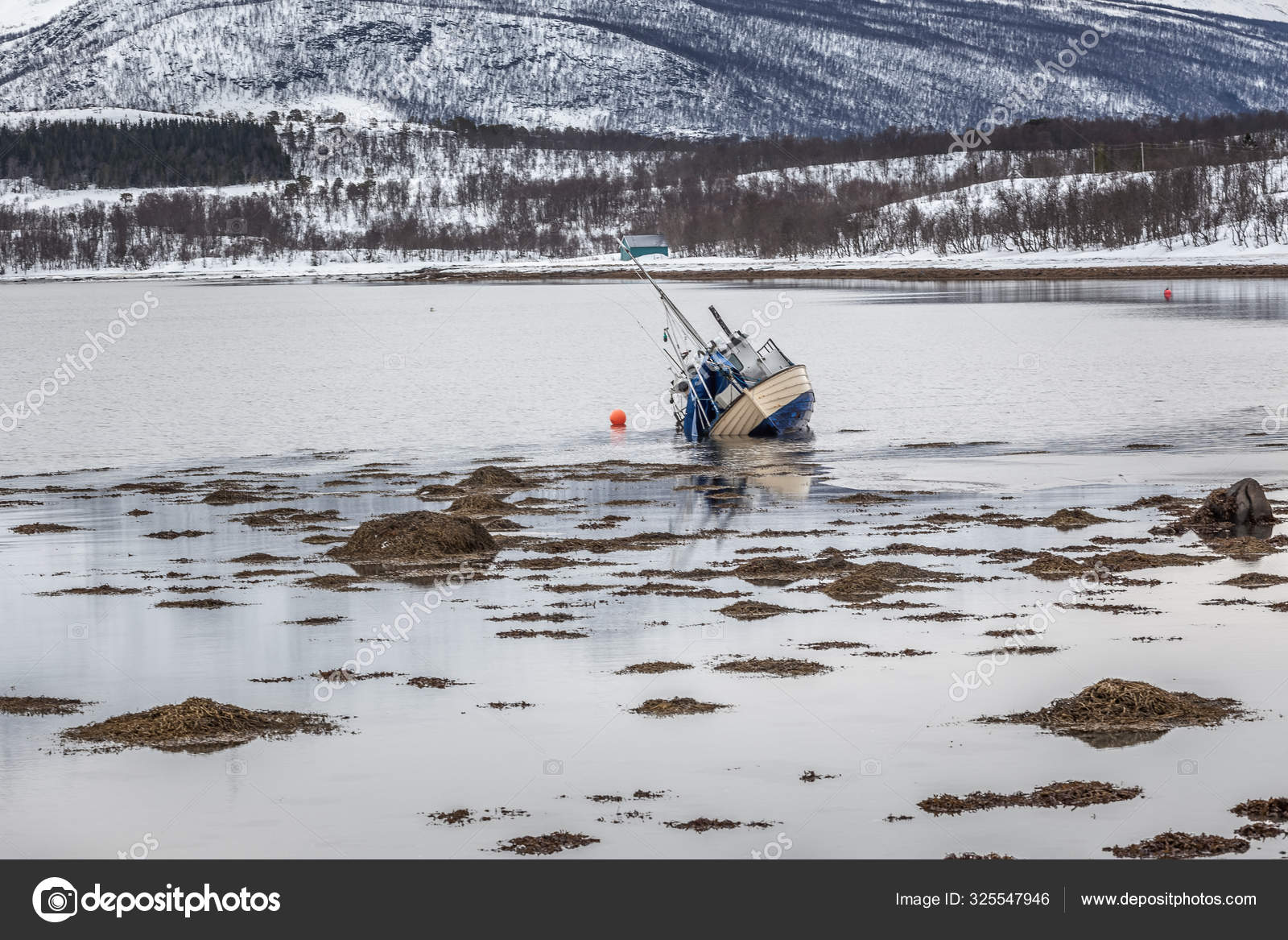 The ship ran aground on the beach after the storm, Lofoten, Norway ...