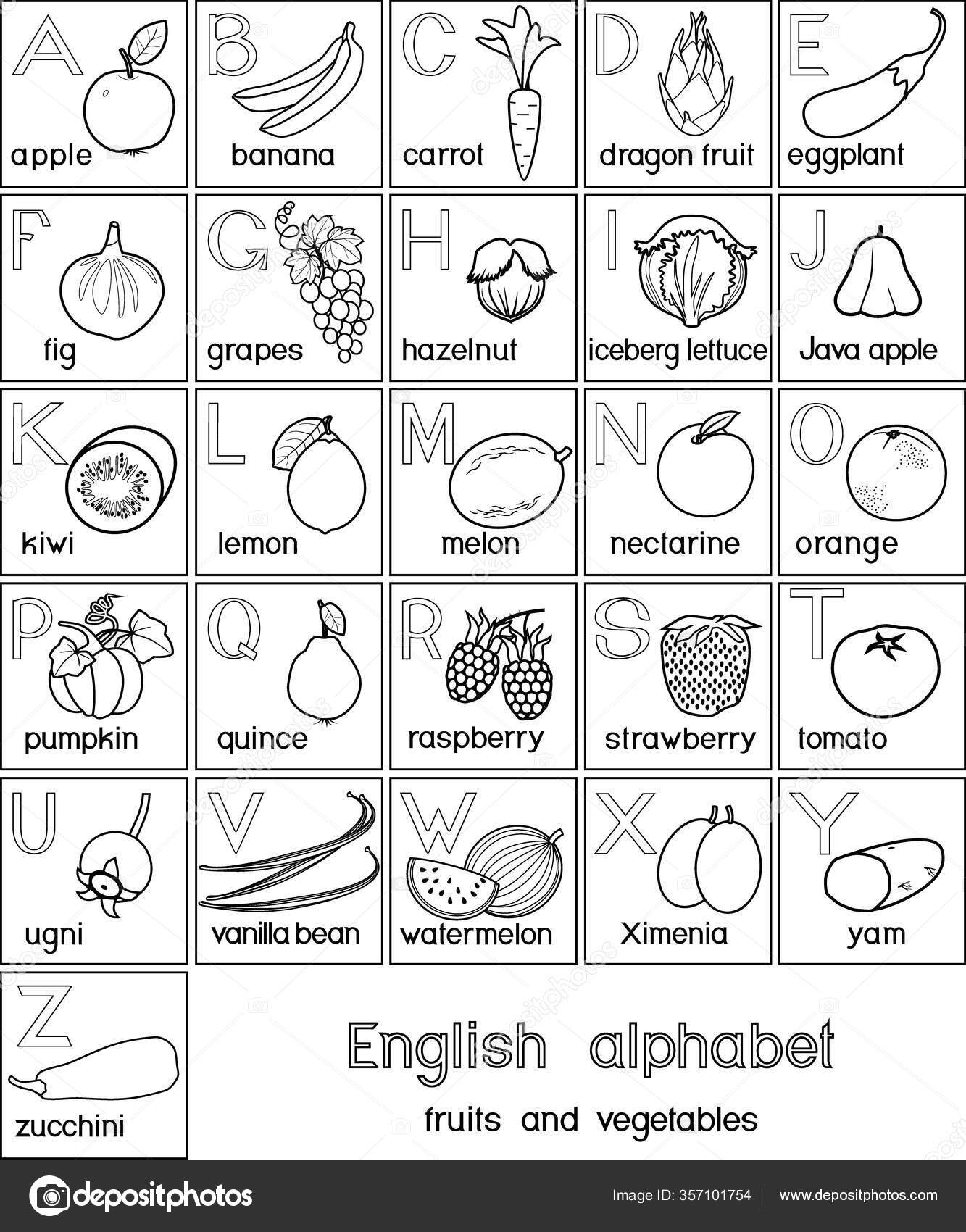 Coloring Page English Alphabet Fruits Vegetables Children Education ...