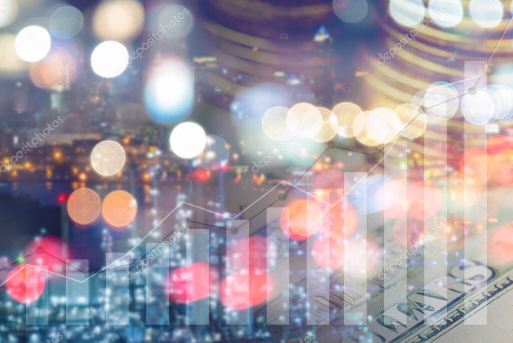 Doble exposición del gráfico y filas de monedas para las finanzas y la ...