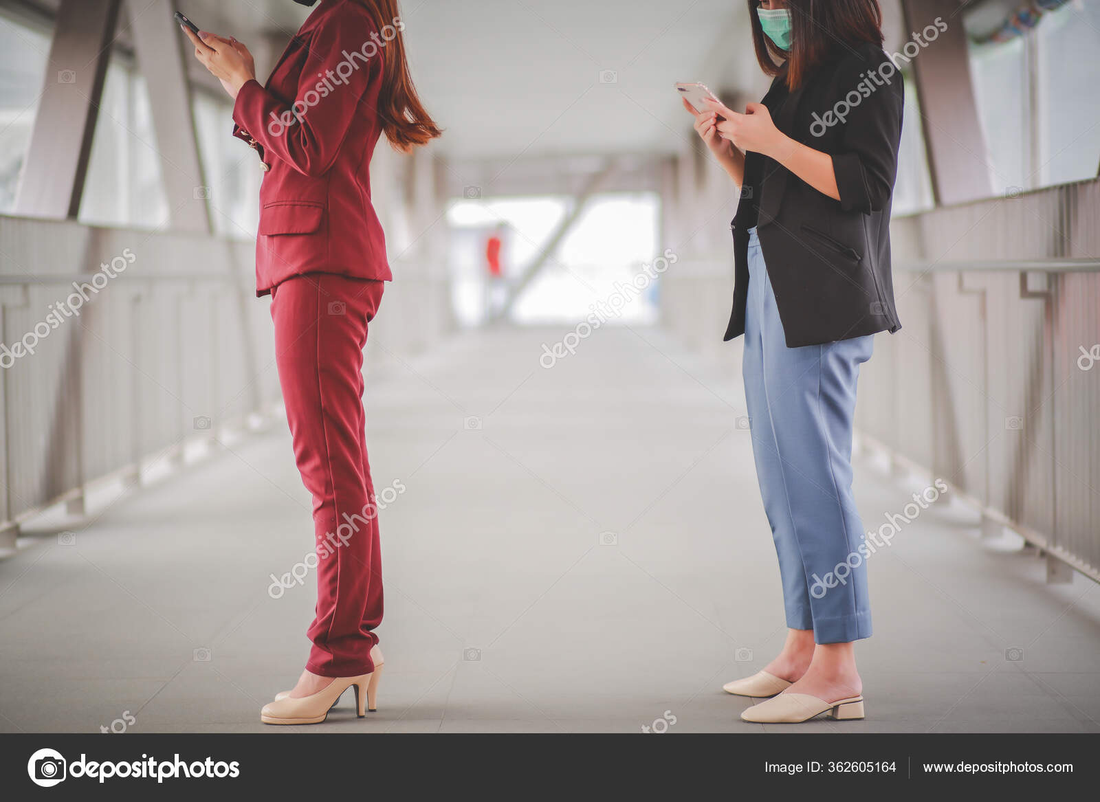Two Woman Asian People Standing Distance Meter Other People Keep Stock ...