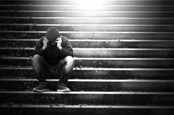 Sad Depressed Man Sitting Stairs Black White Photo — Stock Photo ...