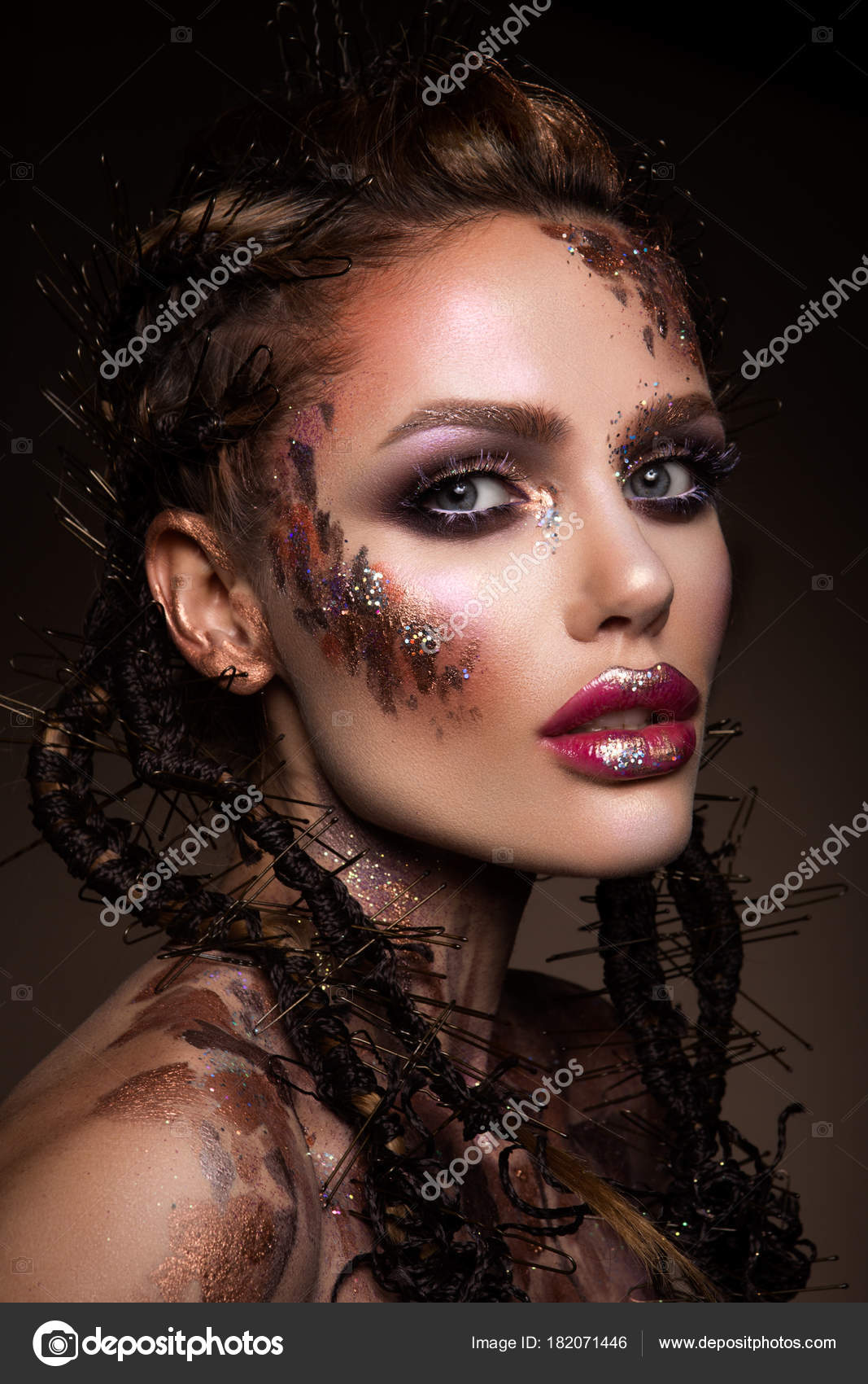 Fashion model with bright makeup and colorful glitter Stock Photo by ...