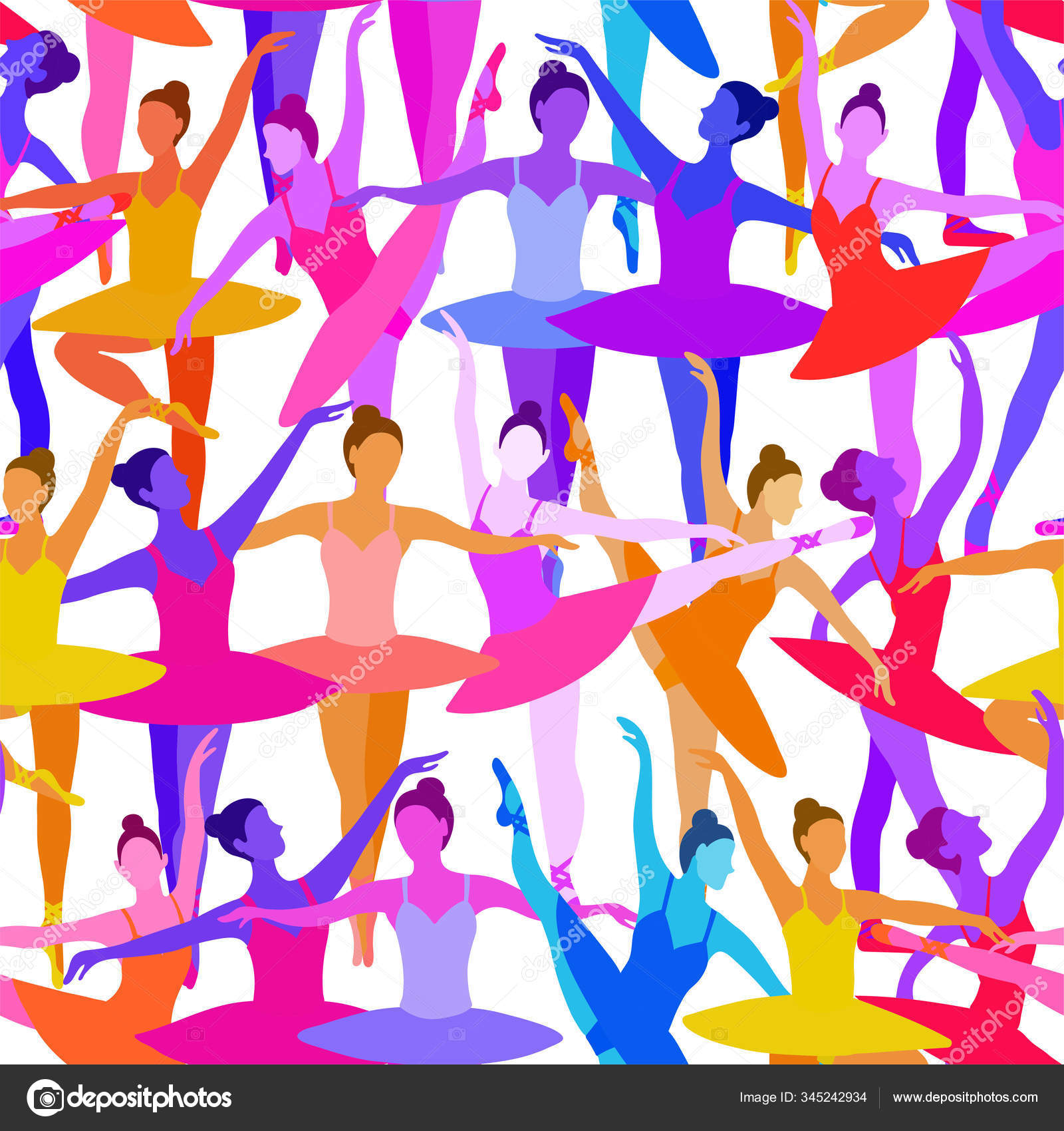 Seamless pattern of ballet dancers in neon colors. Pink, purple, yellow ...